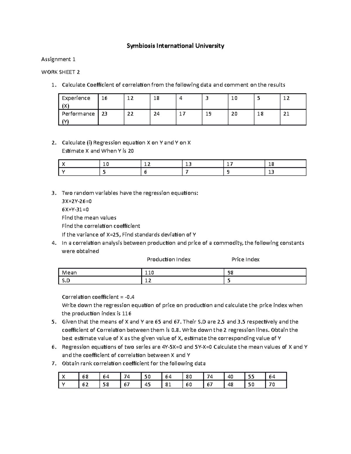 Statistics Assignment - Symbiosis International University Assignment 1 ...