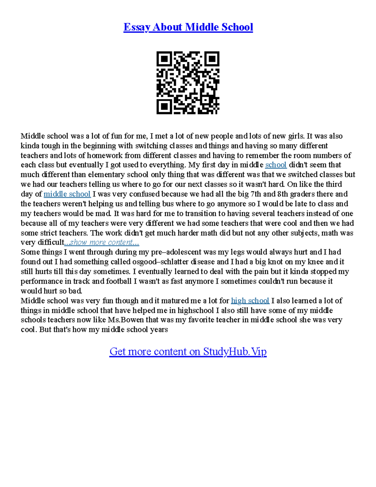 Middle School Essay Format - Essay About Middle School Middle school ...