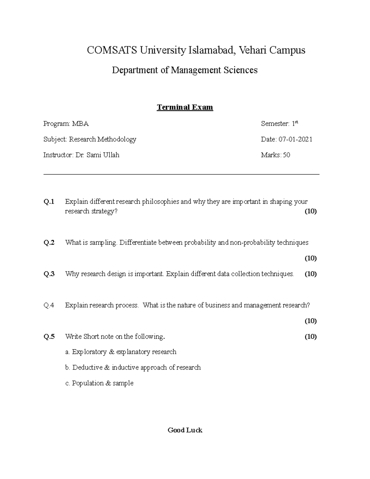 Terminal, FA-2020 - RM for MBA students - COMSATS University Islamabad, Vehari Campus Department ...