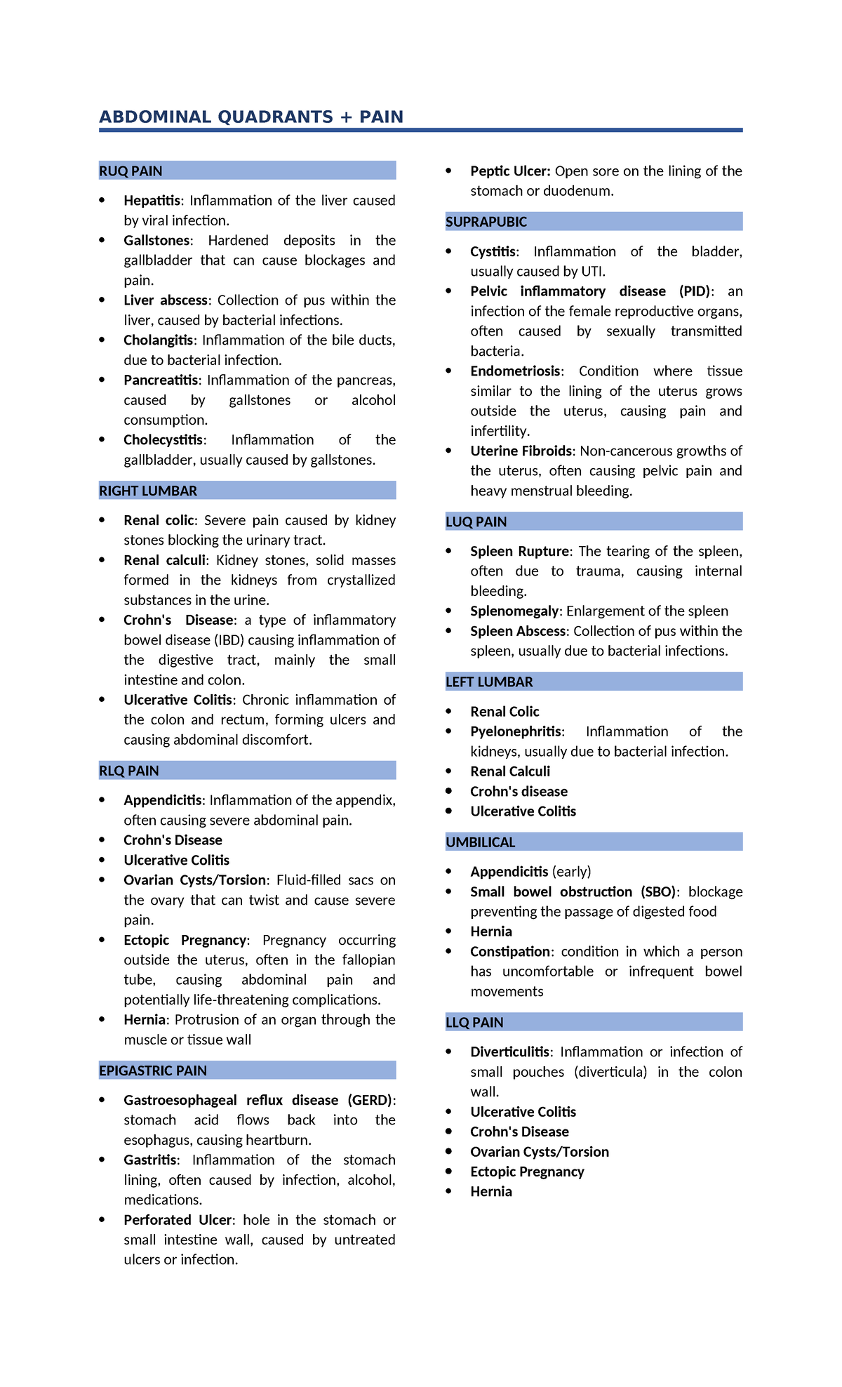 Abdominal Quadrants - notes - ABDOMINAL QUADRANTS + PAIN RUQ PAIN ...