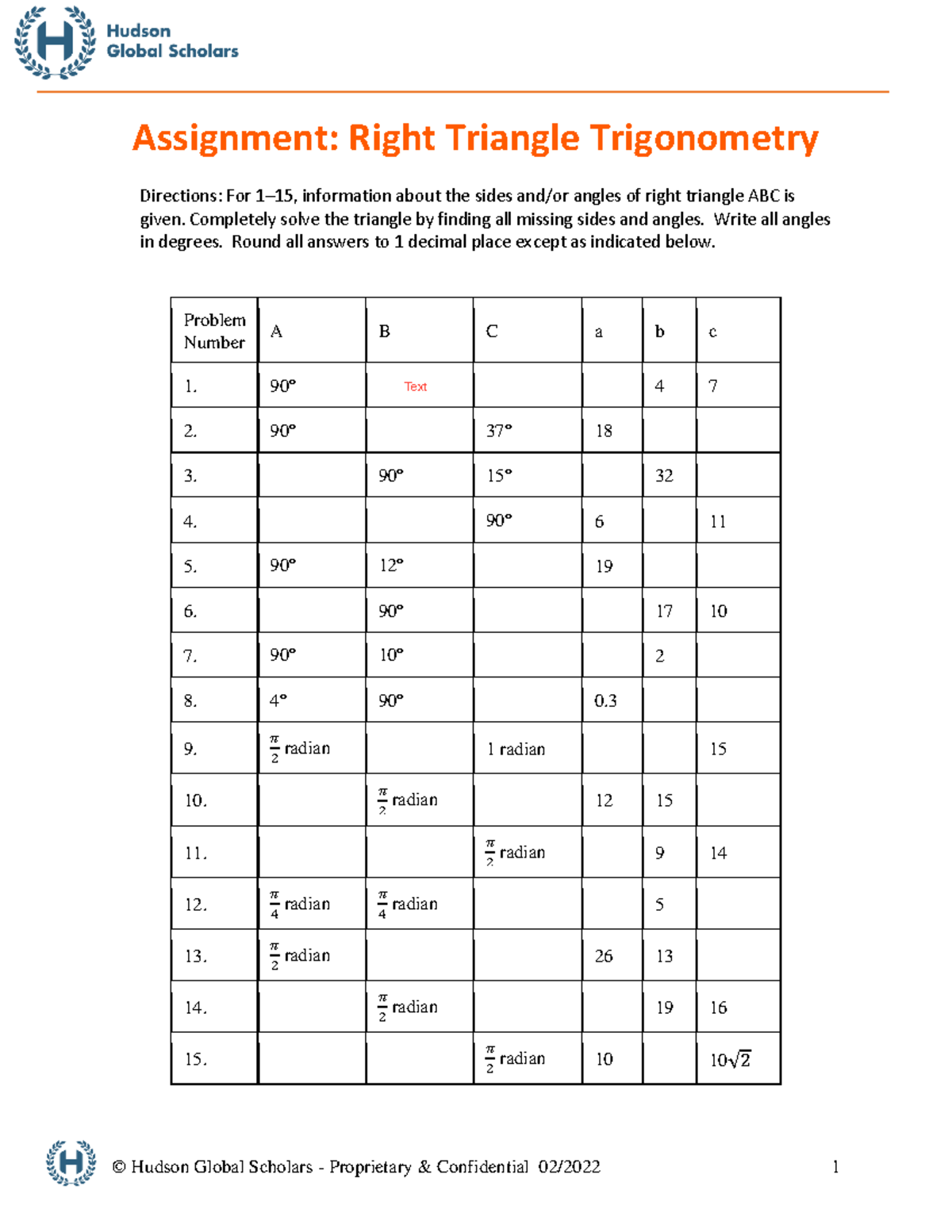 Assignment Right Triangle Trigonometry - © Hudson Global Scholars ...