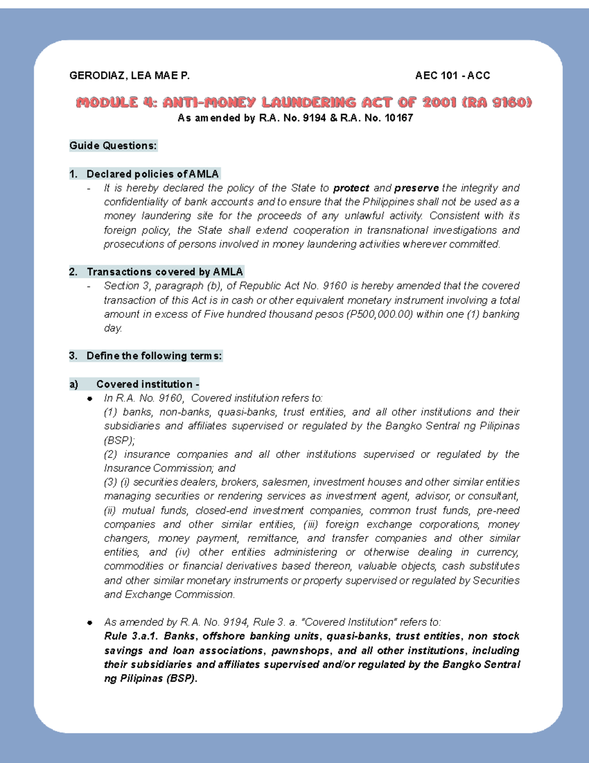Module 4 AMLA - notes - GERODIAZ, LEA MAE P. AEC 101 - ACC As amended ...