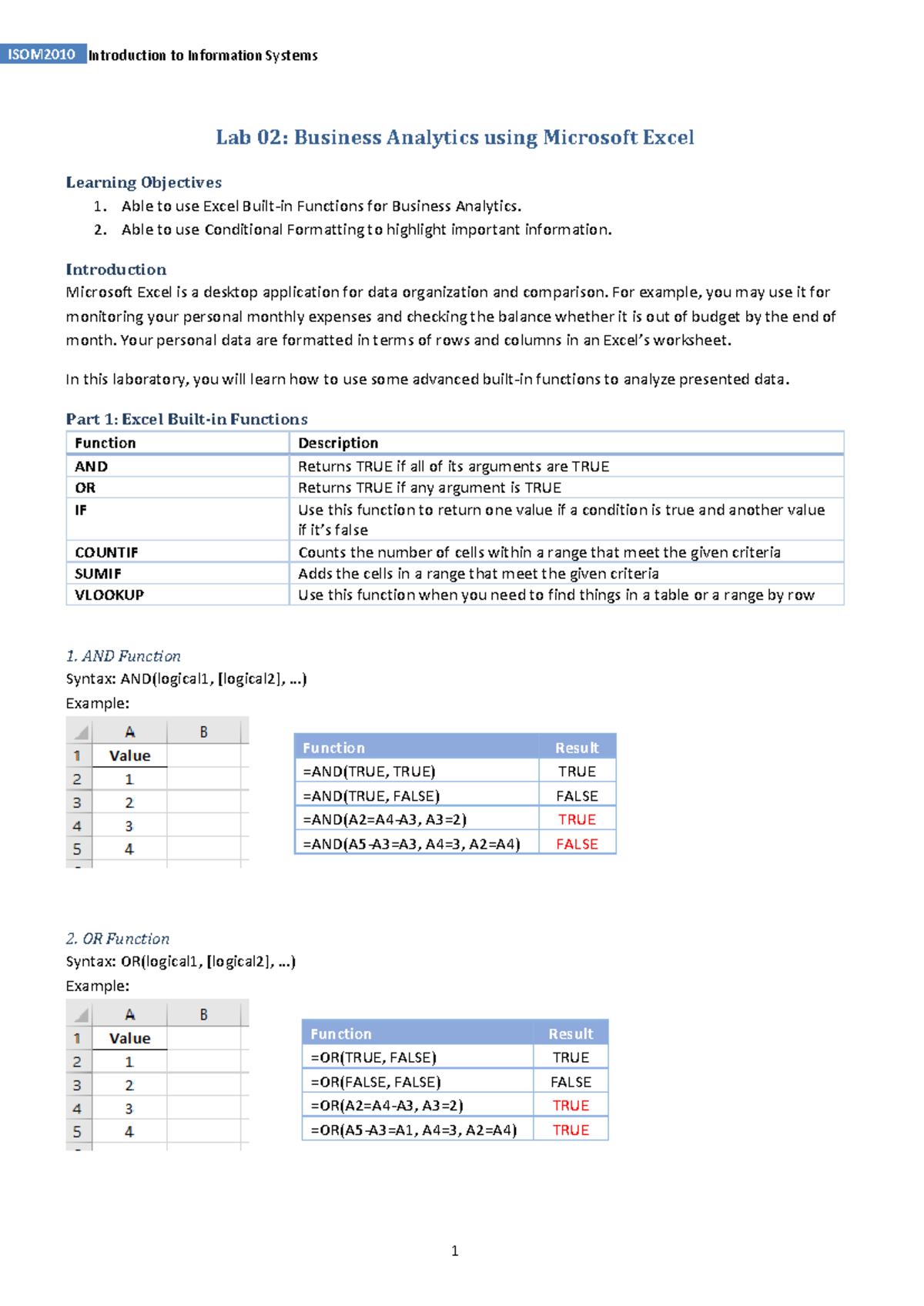Lab02 Excel Manual Answer - Introduction to Information Systems Lab 02 ...