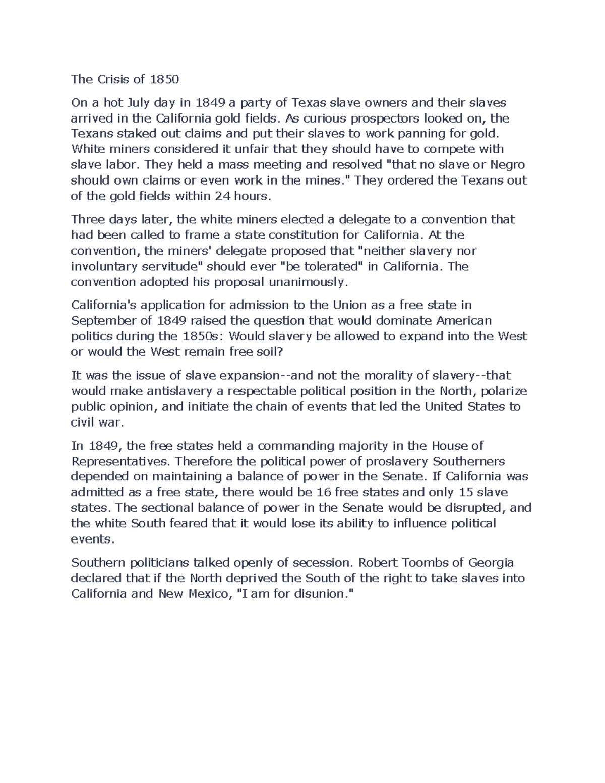 Crisis of 1850 - The Crisis of 1850 On a hot July day in 1849 a party ...