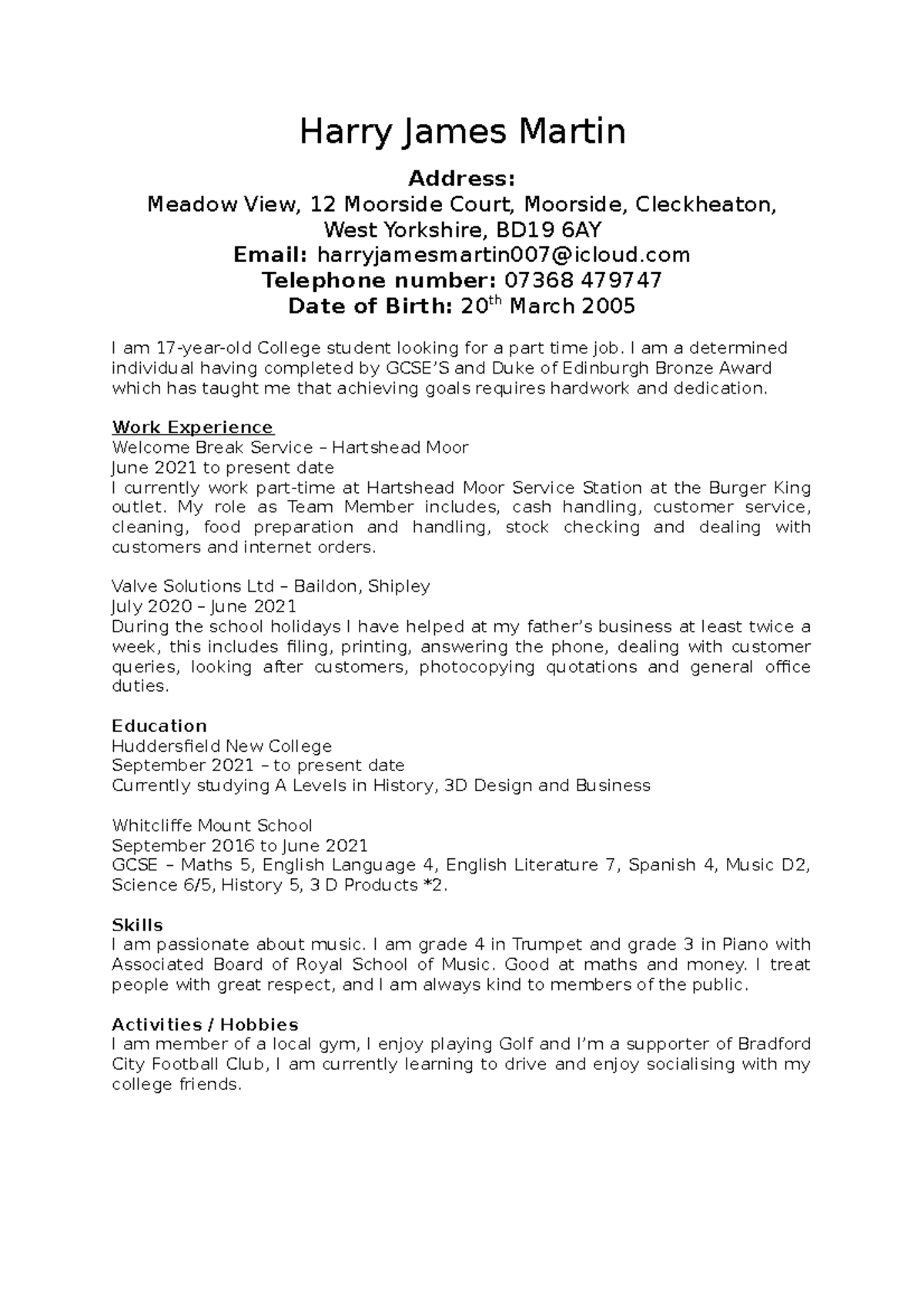 Harry Martin Cv New - lol - Harry James Martin Address: Meadow View, 12 ...