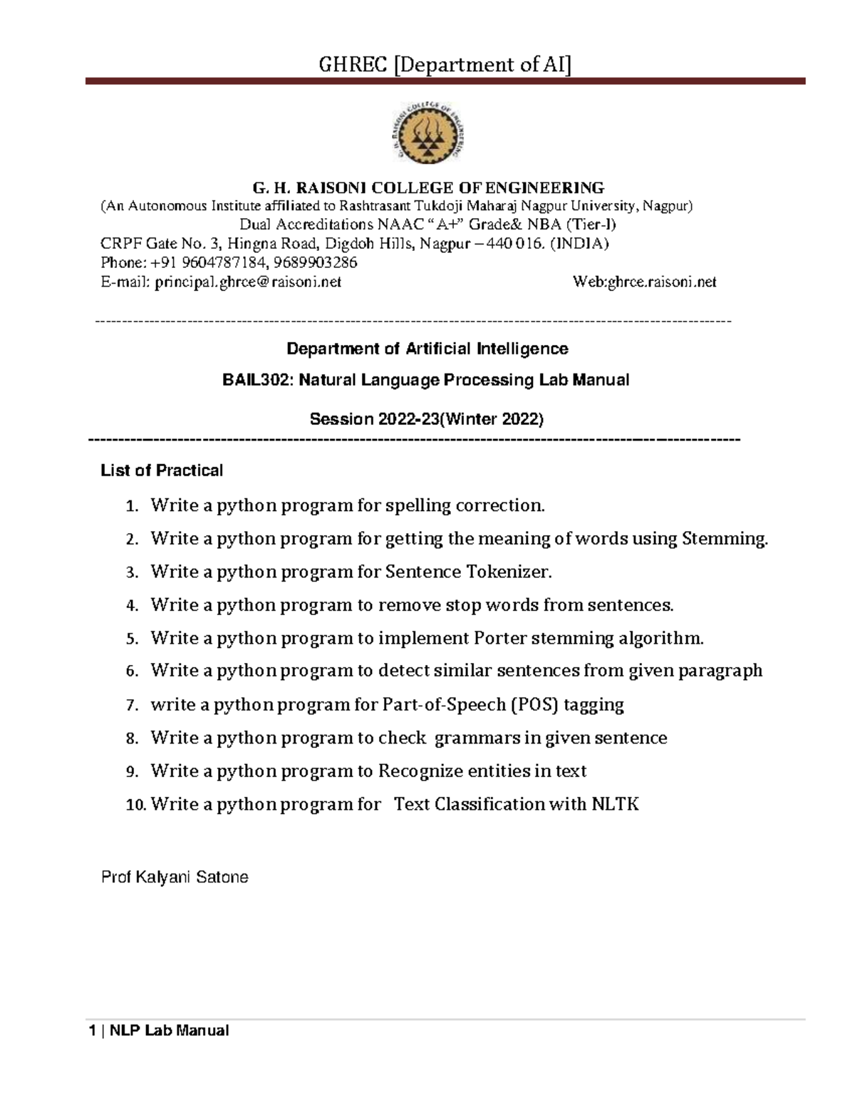 Nlp lab manual - G. H. RAISONI COLLEGE OF ENGINEERING (An Autonomous Institute affiliated to ...