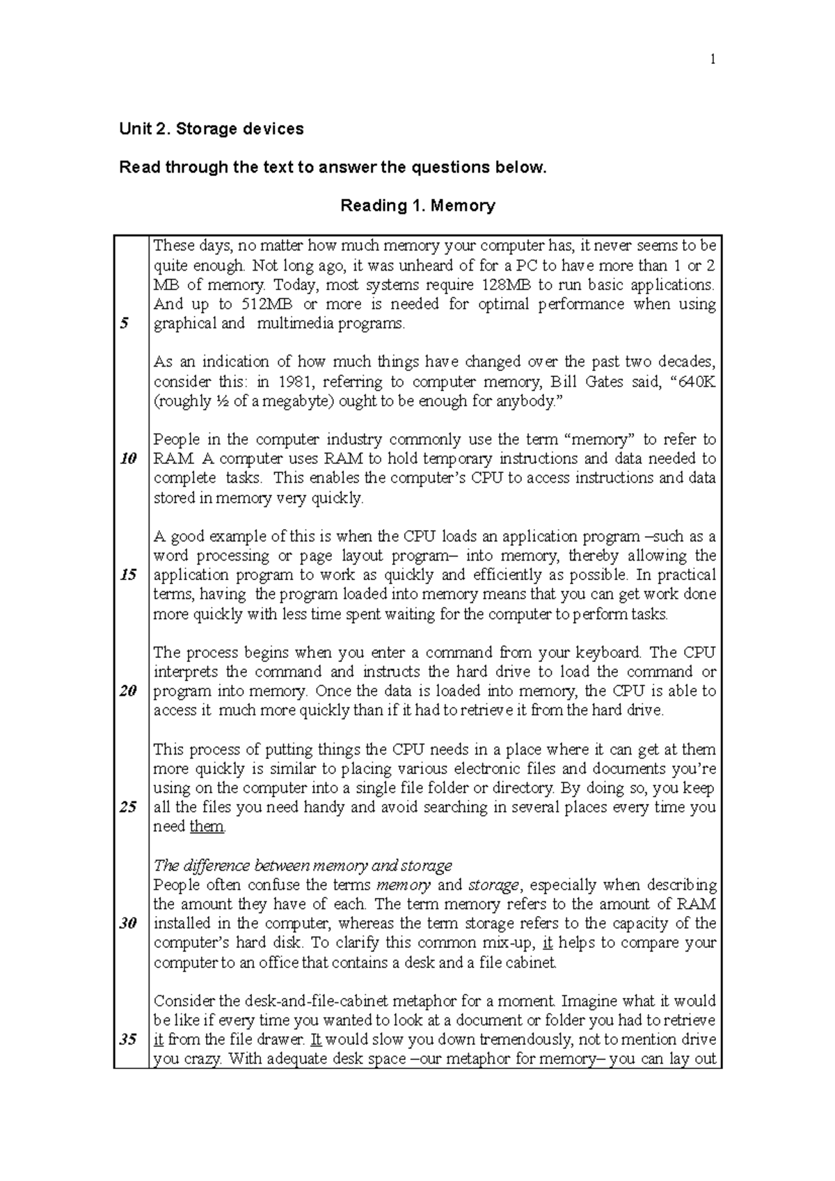 Memory Reading + Comprehension - Seminar assignments - unit 2 - 1 Unit ...