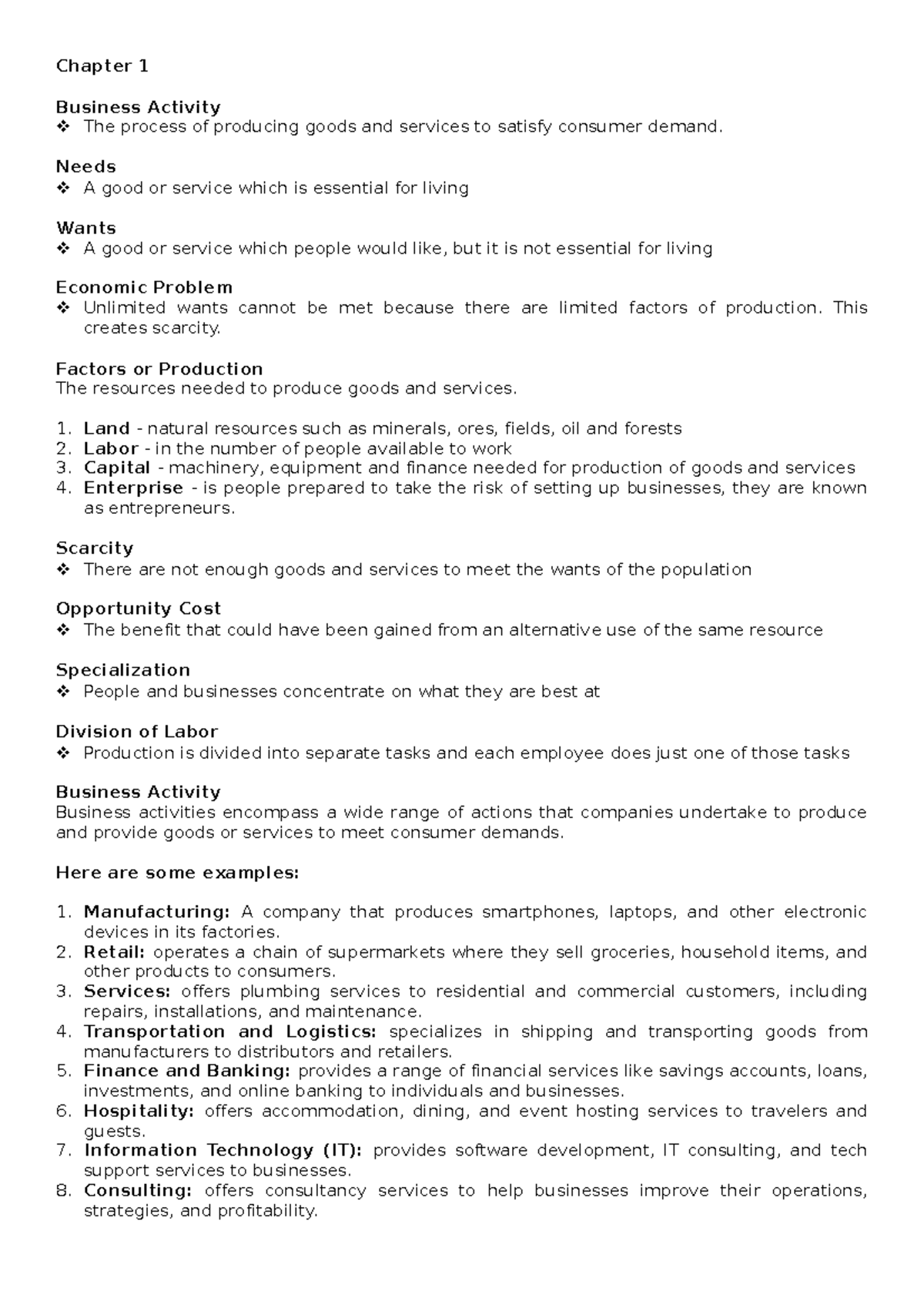 Chapter 1 - Business Studies - Chapter 1 Business Activity The process ...