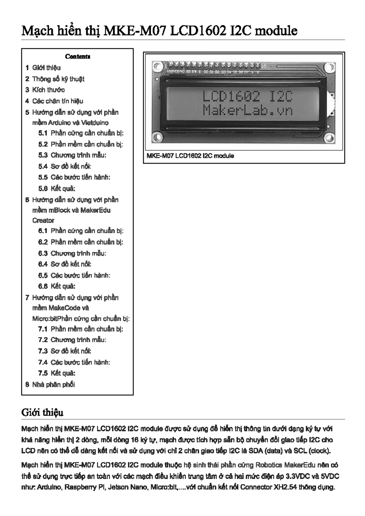 programmer arduino for education and schools - Mach hiên thi LCD1602 I2C module Contents 1 thiêu ...