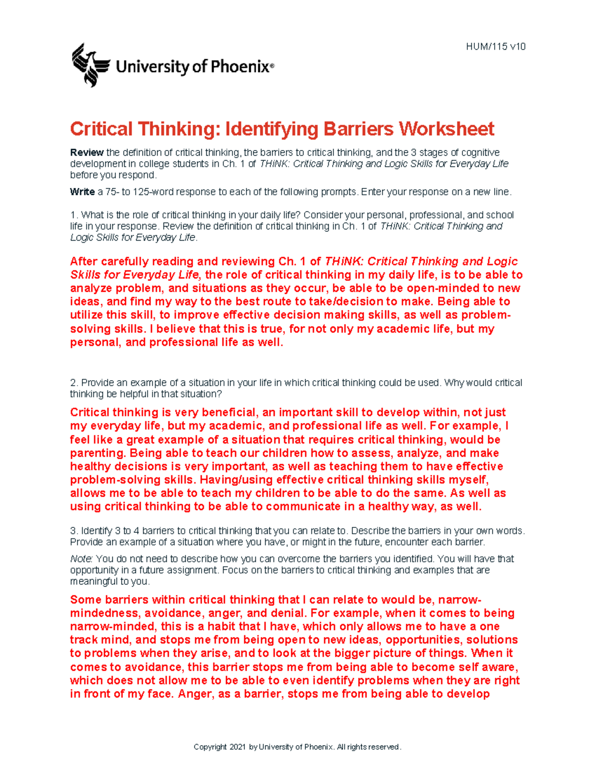 Hum115 v10 wk1 critical thinking identifying barriers worksheet - HUM ...
