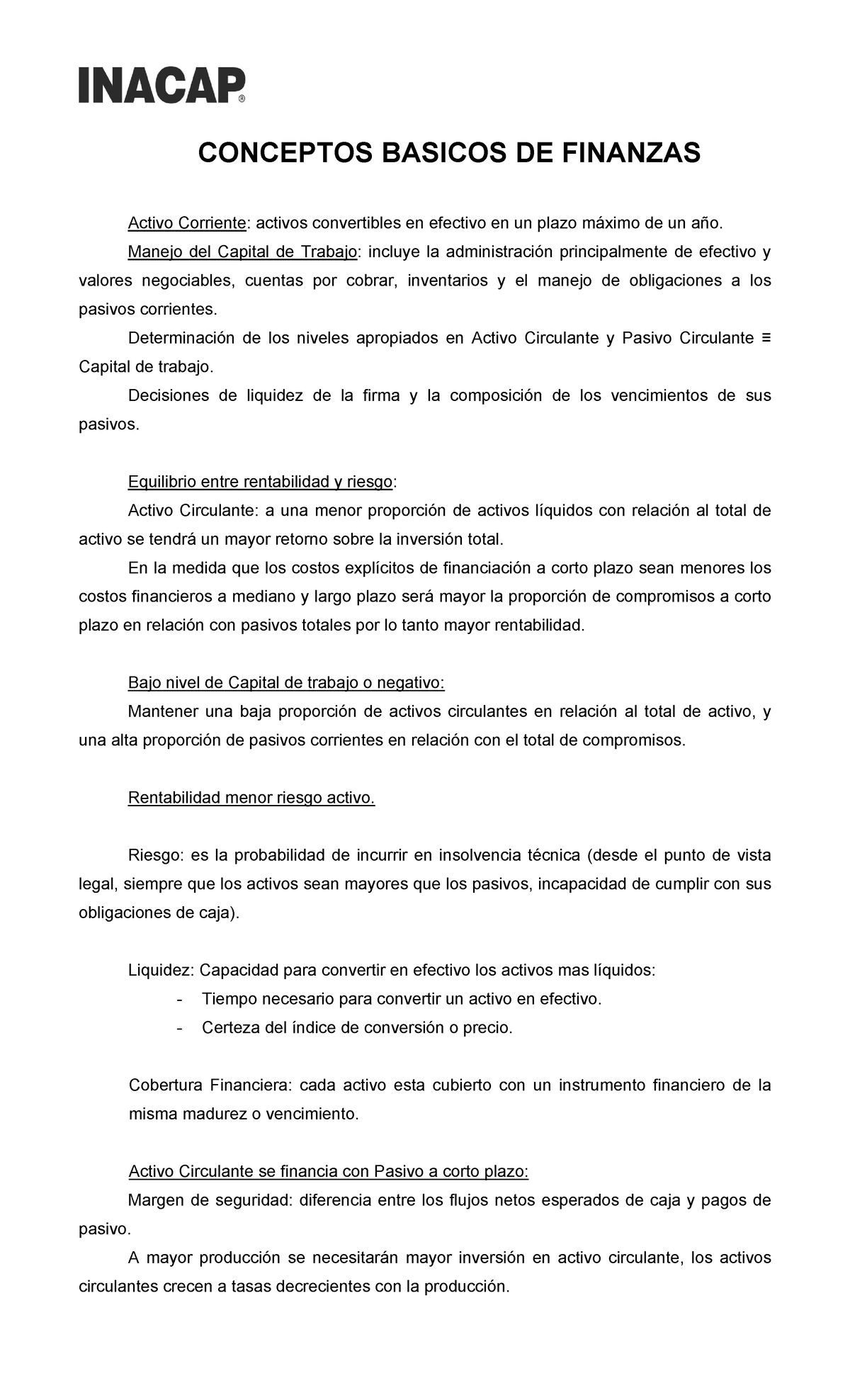 Conceptos Básicos - 123 - CONCEPTOS BASICOS DE FINANZAS Activo Corriente: activos convertibles ...