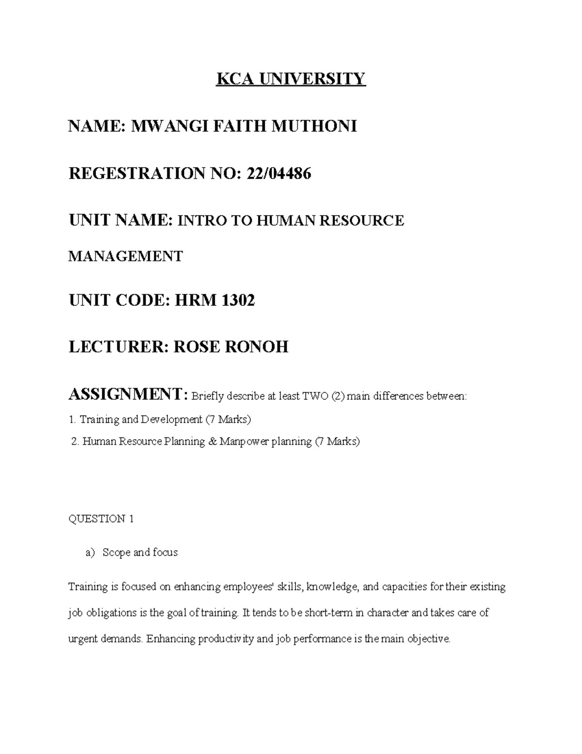 Hrm cat 2 - question - KCA UNIVERSITY NAME: MWANGI FAITH MUTHONI ...