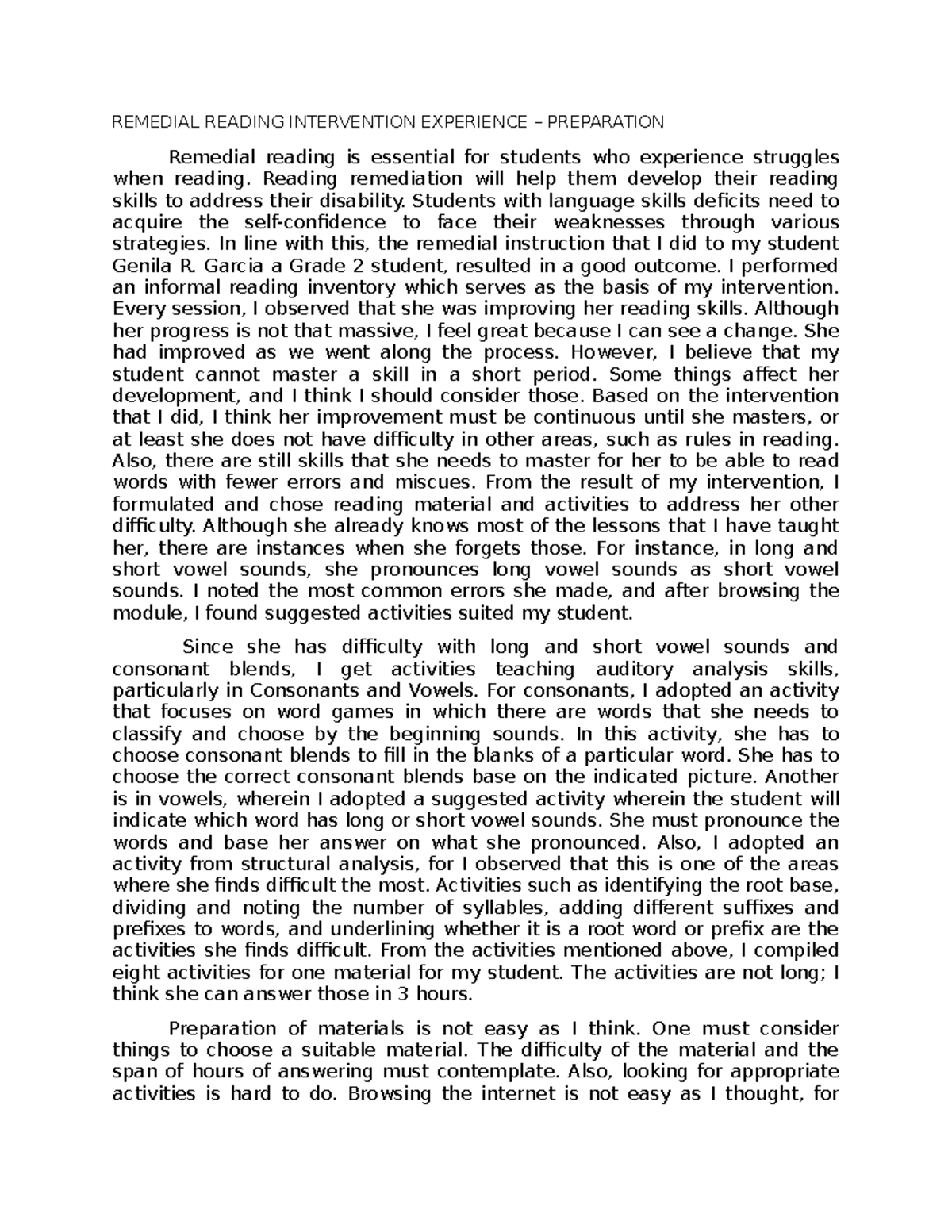 Remedial Reading Intervention Experience – Preparation - REMEDIAL ...