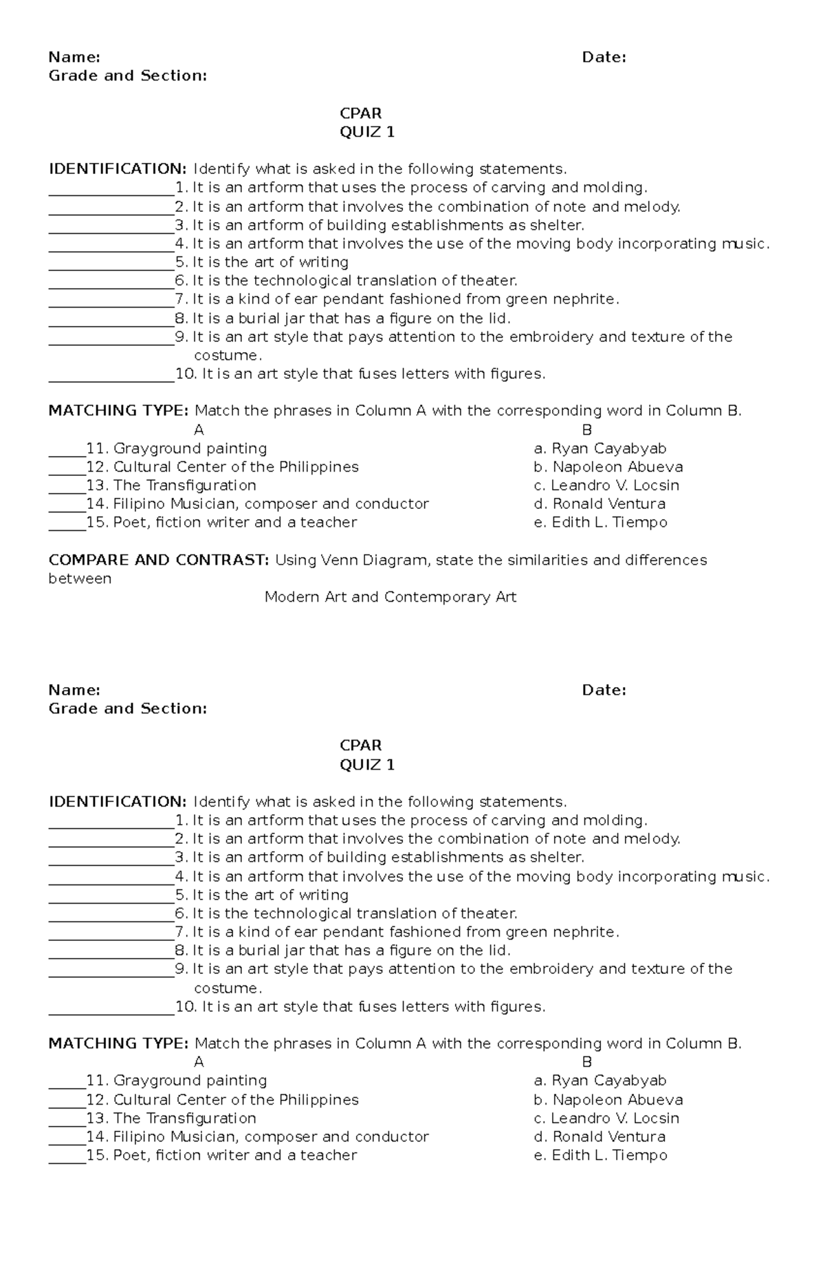 CPAR Q1 QUIZ 1 - CPAR WEEK 4 - Name: Date: Grade and Section: CPAR QUIZ ...