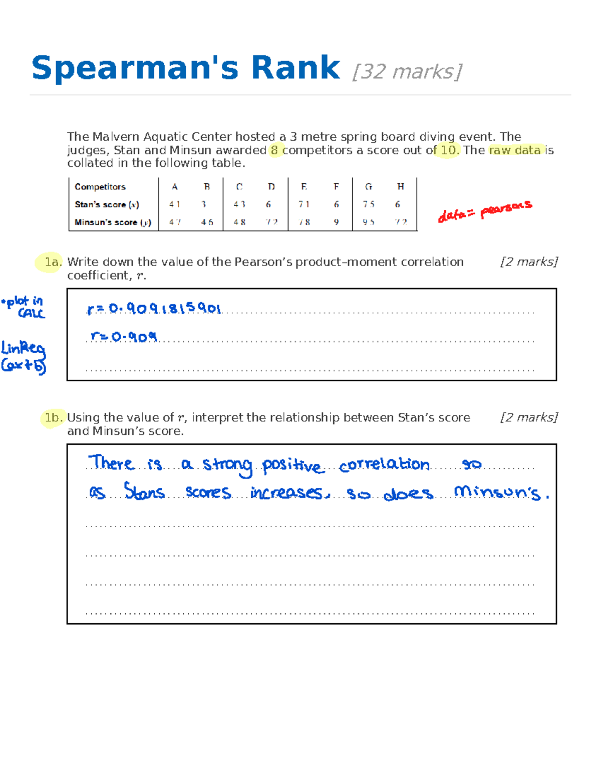 IB Maths Statistics and Probability- Spearmans Rank Questions ...