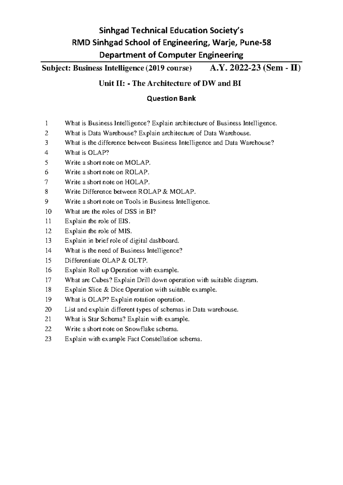 BI Unit II Question Bank - Sinhgad Technical Education Society’s RMD ...