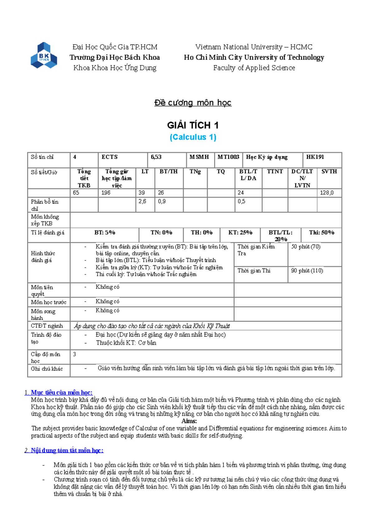 Calculus 1 - Course Outline - Đ i H c Qu c Gia TPạ ọ ố Tr ường Đ i H c Bách Khoa ạ ọ Khoa Khoa H ...