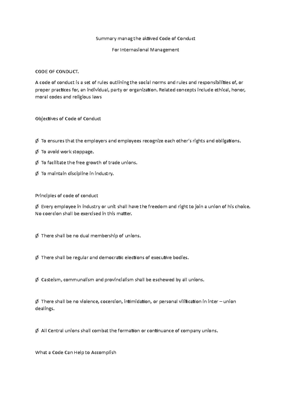 Summary manag the aktived Code of Conduct For Internasional Management ...