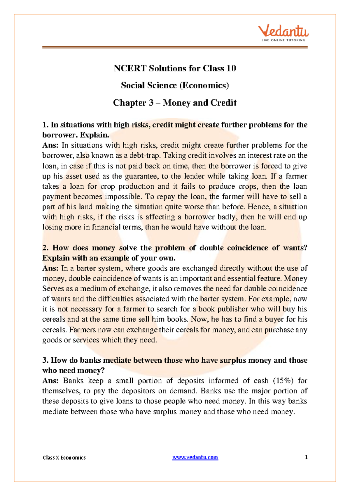 Ncert Solutions For Economics Chapter 3 Money and Credit Class 10 PDF ...