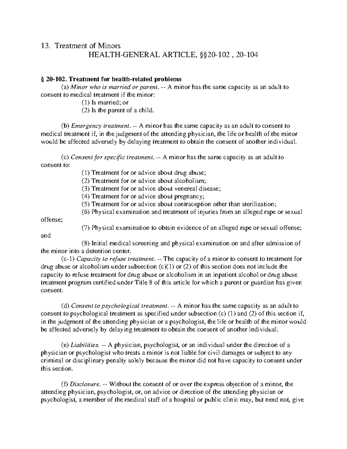 Treatment - ... - 13. Treatment of Minors HEALTH-GENERAL ARTICLE, §§20 ...
