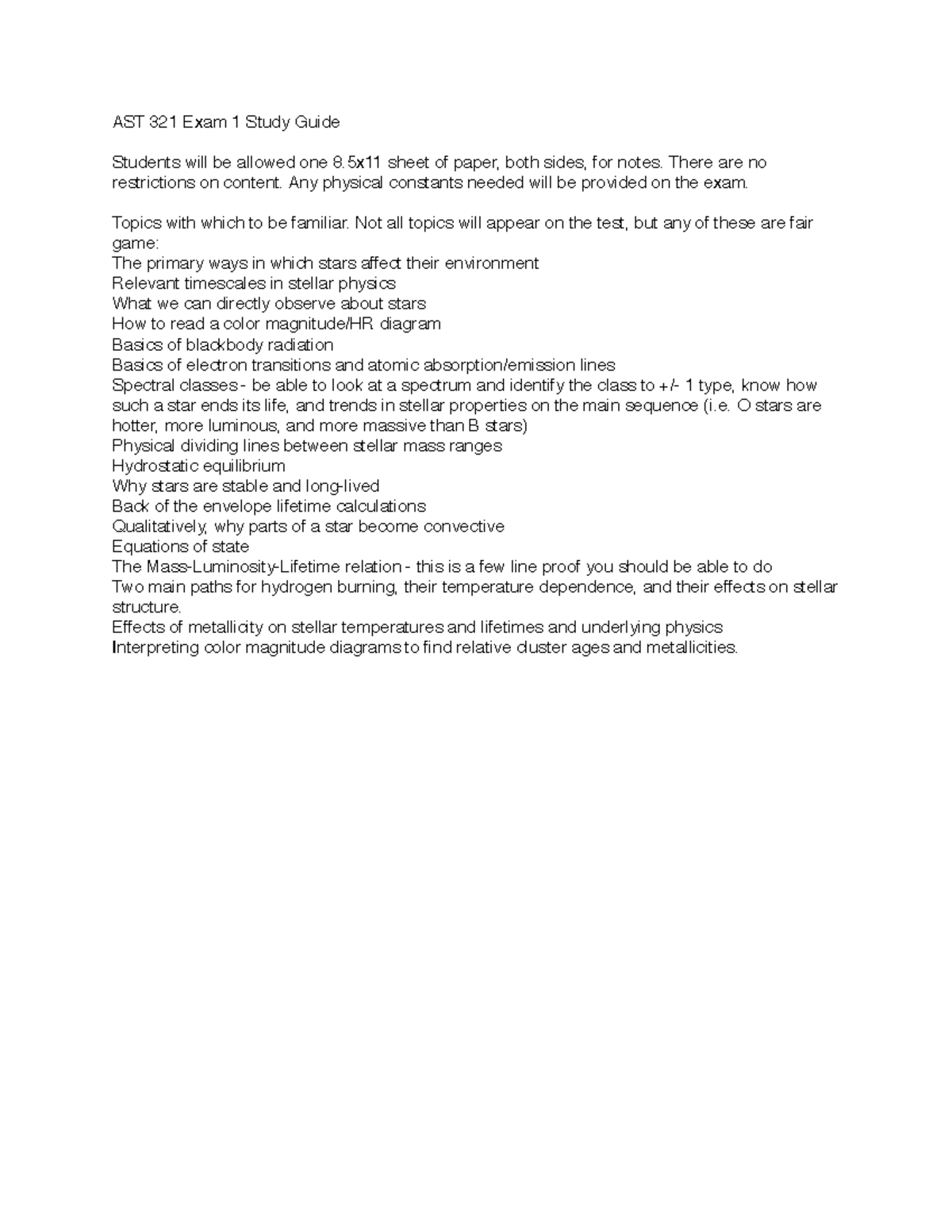 Exam1-studyguide - Exam 1 study guide. - AST 321 Exam 1 Study Guide ...