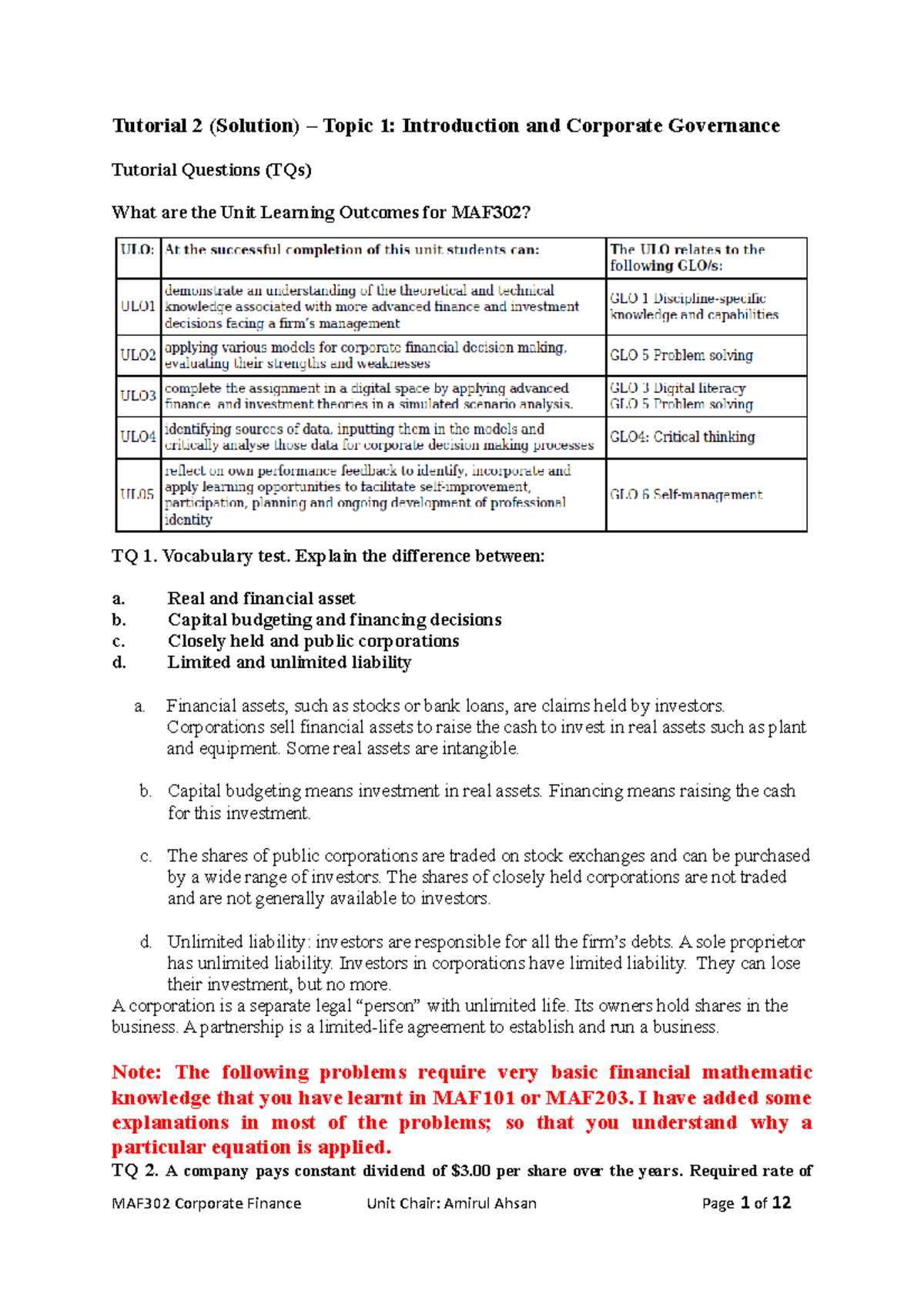 Tutorial 2 Solution MAF302 - Tutorial 2 (Solution) – Topic 1 ...