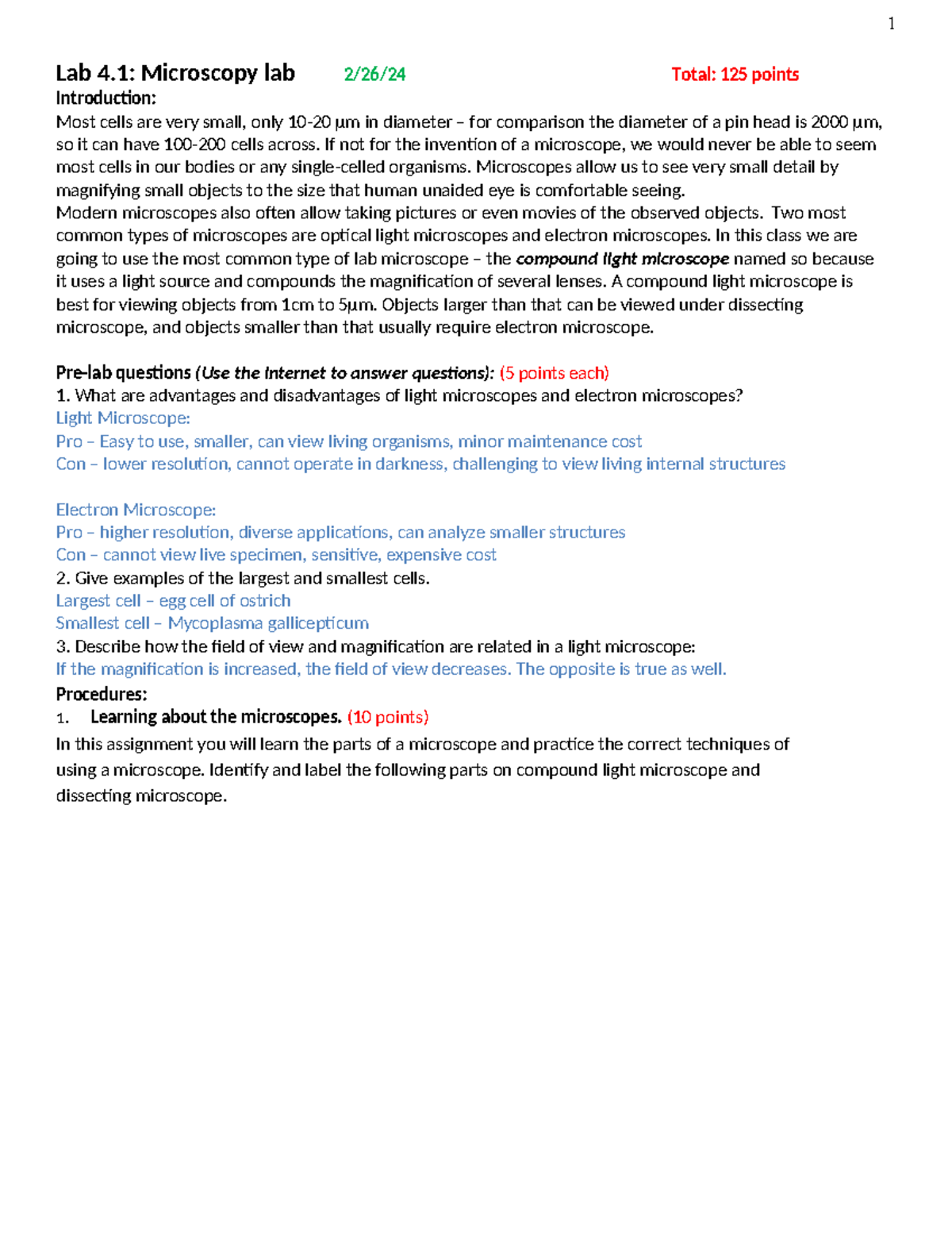 Lab 3.1- Microscopy Finished - Lab 4: Microscopy lab 2/26/24 Total: 125 ...