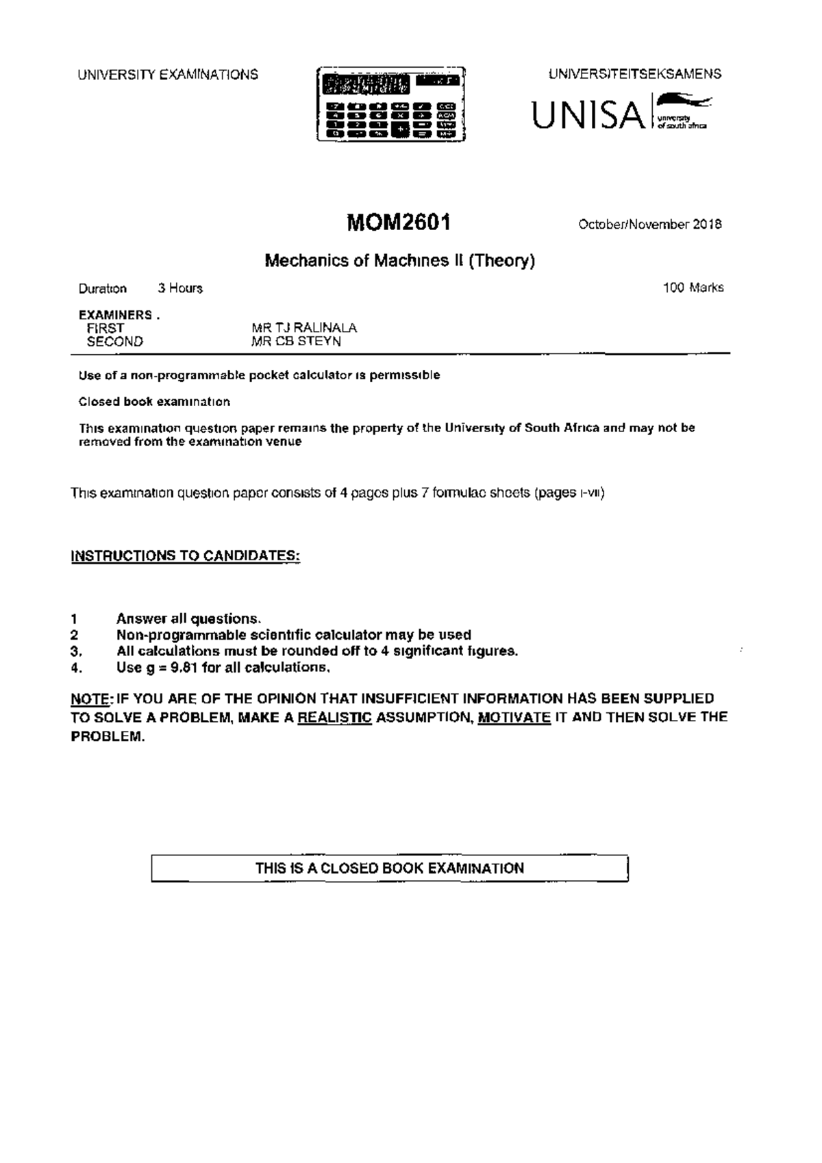 Exam 15 October 2018 - UNIVERSITY EXAMINATIONS UNIVERSITEITSEKSAMENS N ...