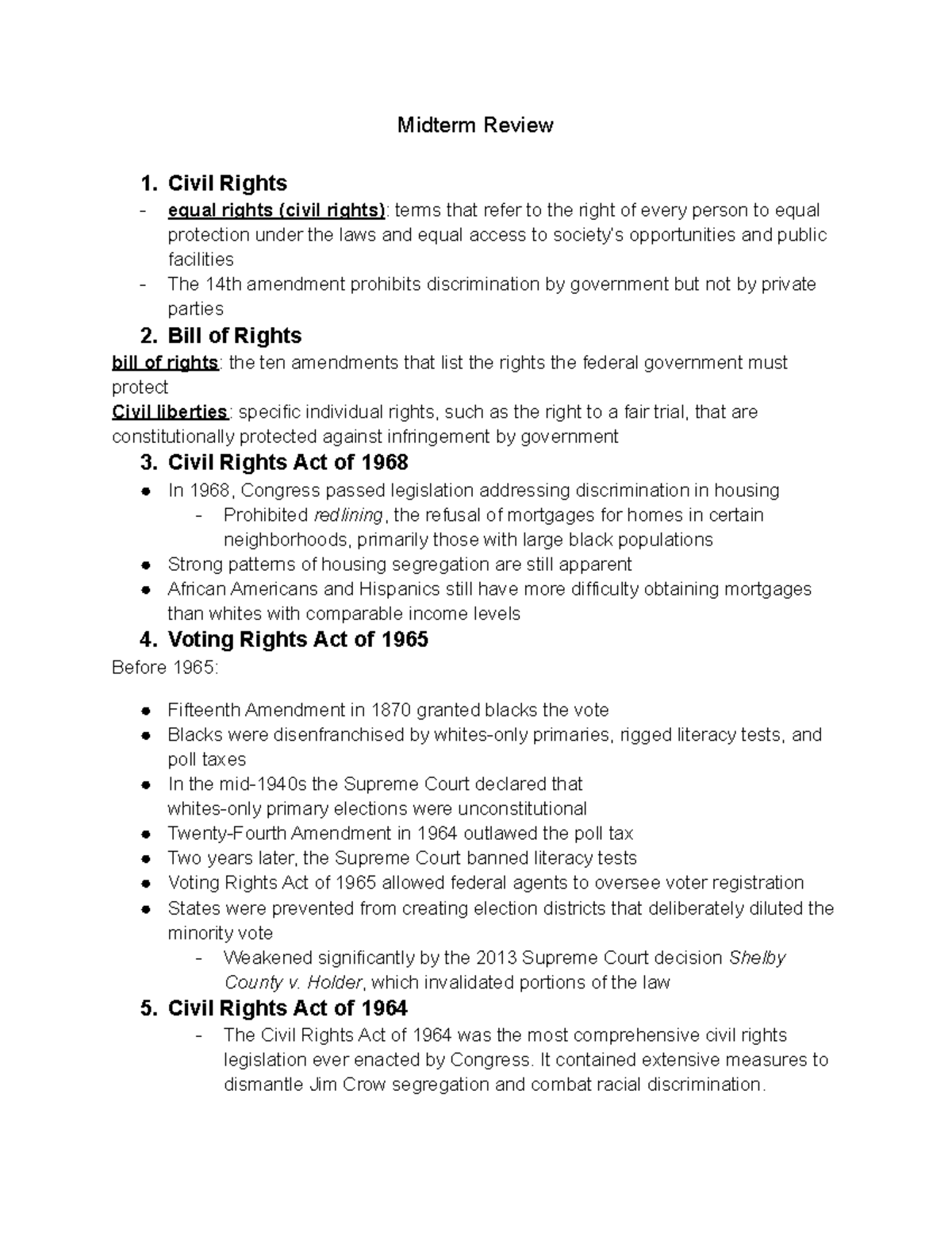 Midterm Review - Civil Rights equal rights (civil rights): terms that ...