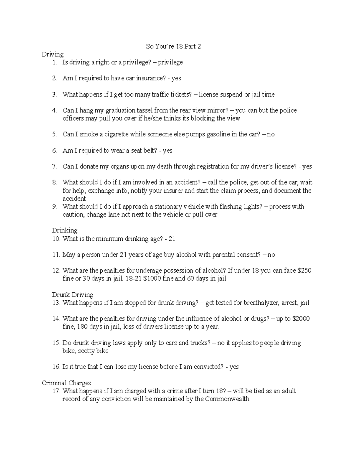 So youre 18 Questions Part II - So You’re 18 Part 2 Driving Is driving ...