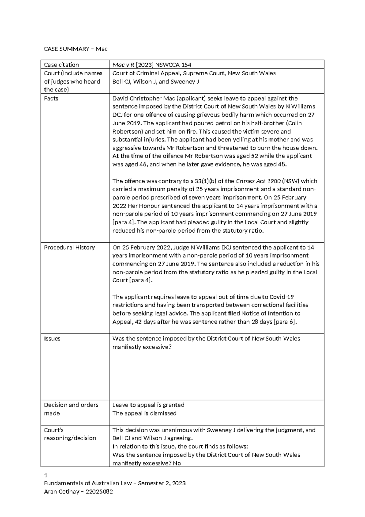 Mac v R [2023] Nswcca 154 - Case Summary - CASE SUMMARY – Mac Case ...