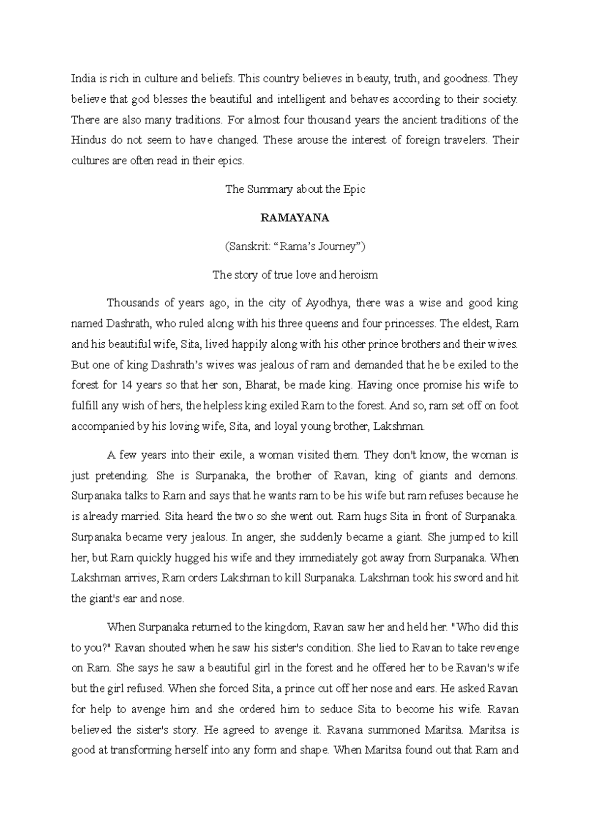 ramayana a summary - India is rich in culture and beliefs. This country ...