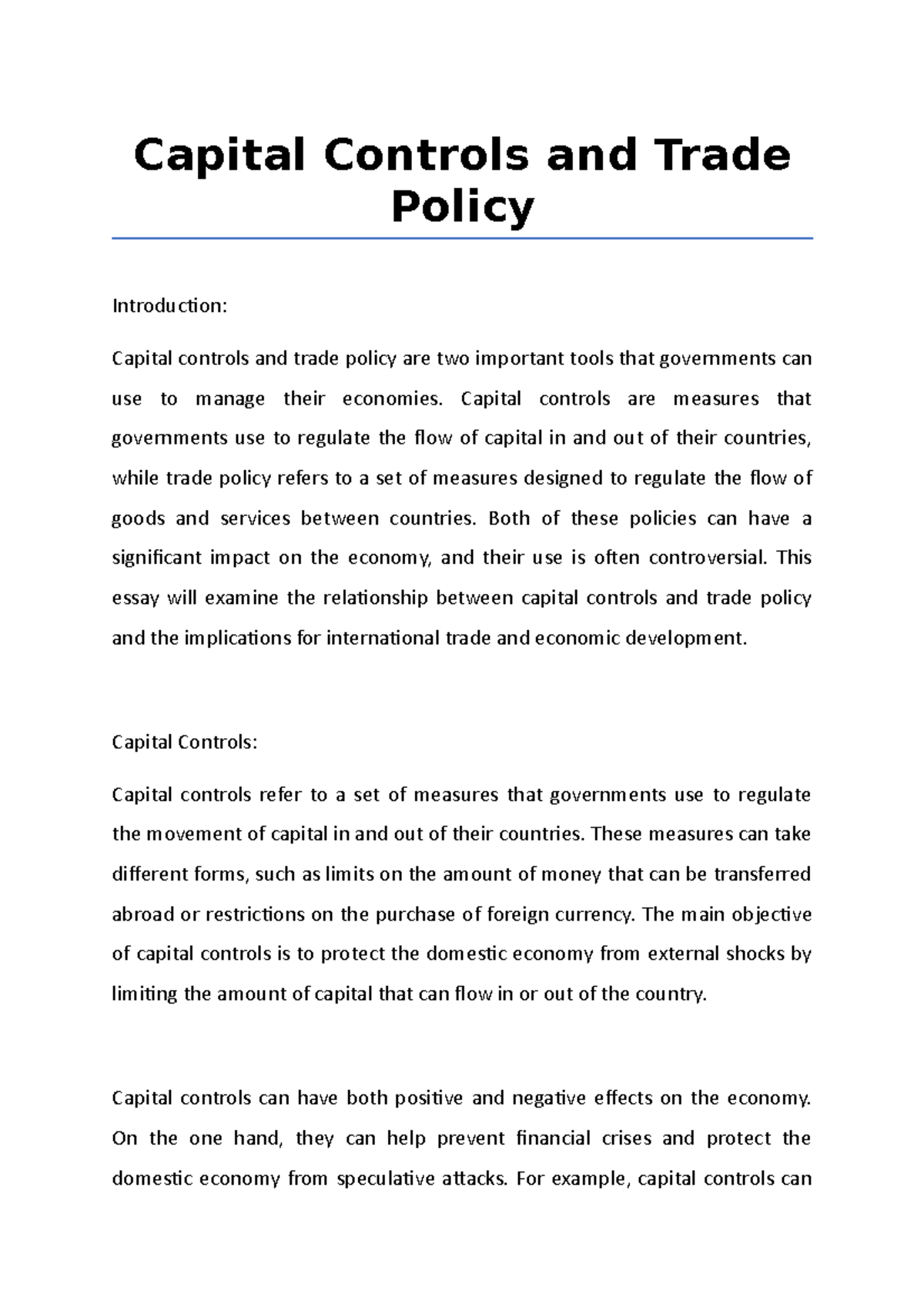 Capital Controls and Trade Policy - Capital Controls and Trade Policy ...