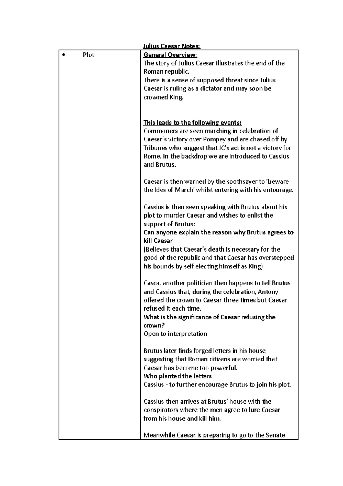 Julius Caesar Notes - Julius Caesar Notes: Plot General Overview: The ...