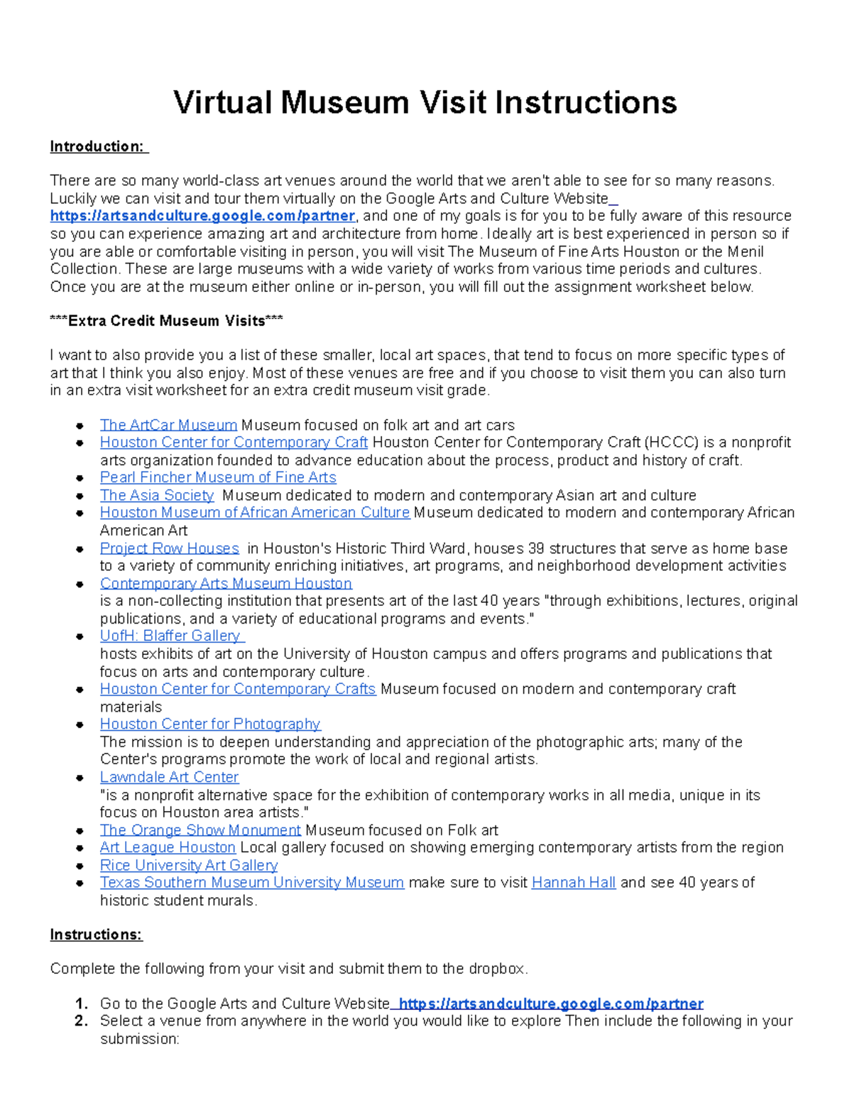 ARTS 1301 Virtual Museum Visit - Virtual Museum Visit Instructions ...