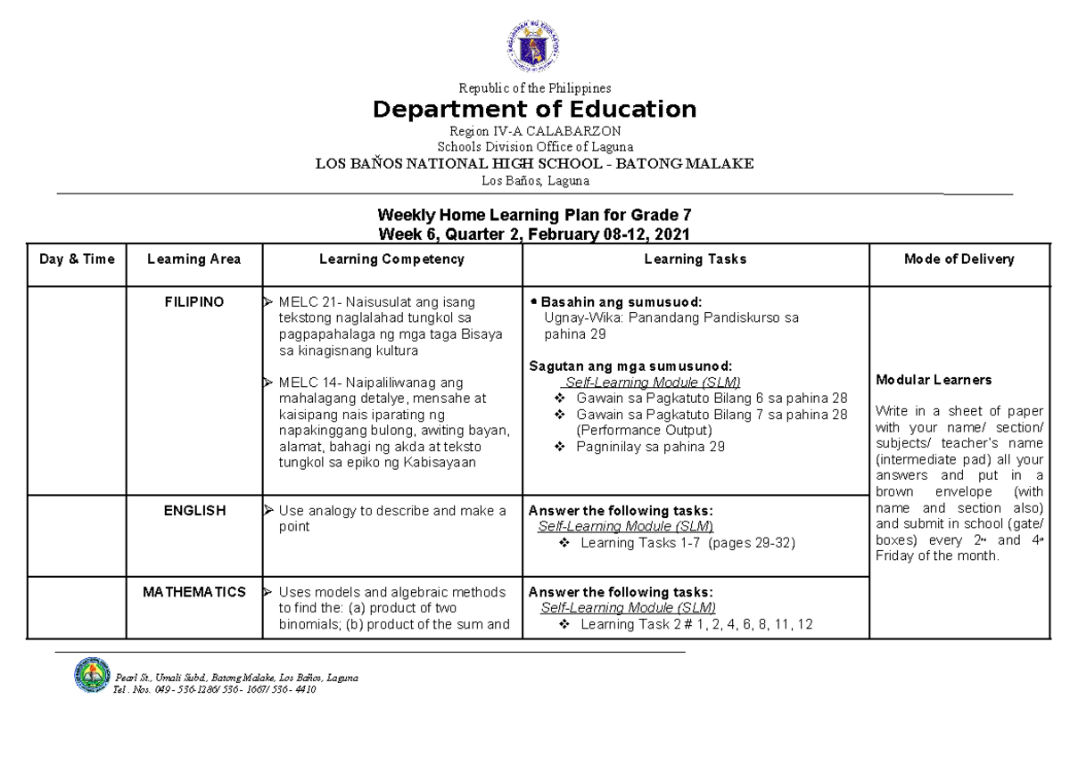weekly plannning - Department of Education Region IV-A CALABARZON ...