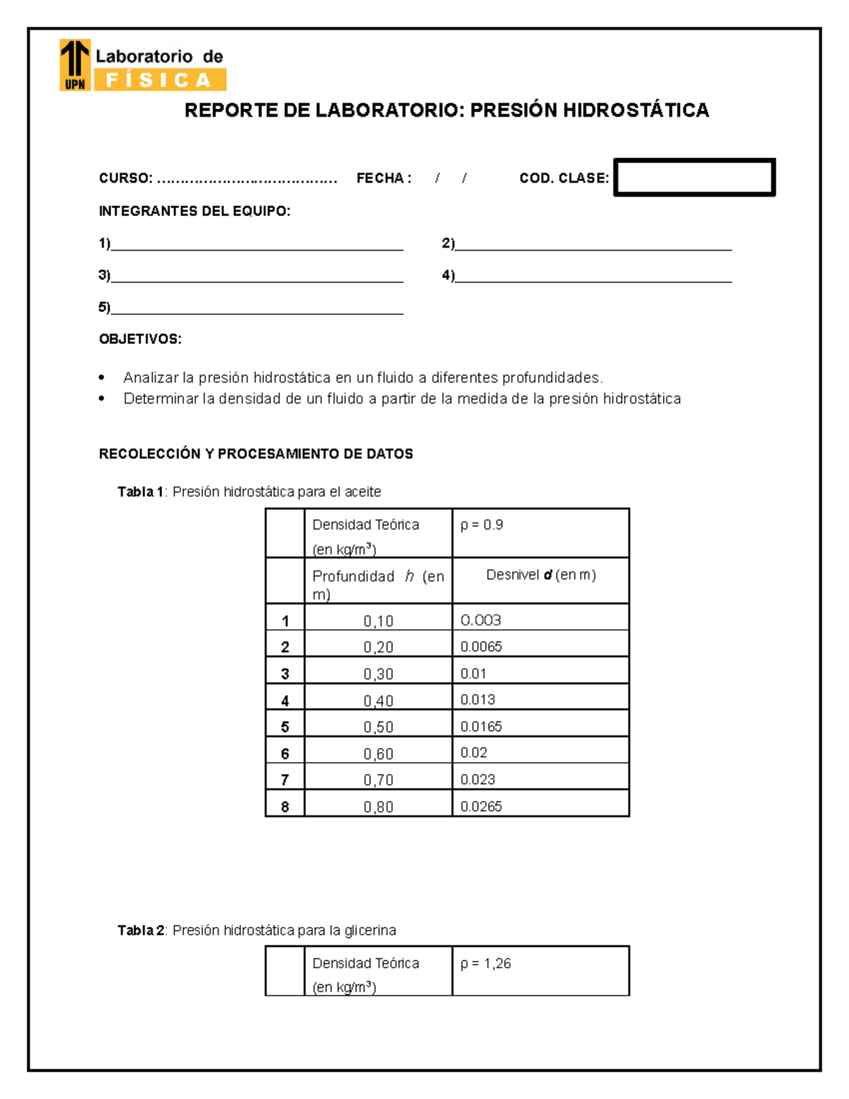 Reporte LAB Fisiarq S13 Prehidro 5533 - REPORTE DE LABORATORIO: PRESIÓN HIDROSTÁTICA CURSO ...