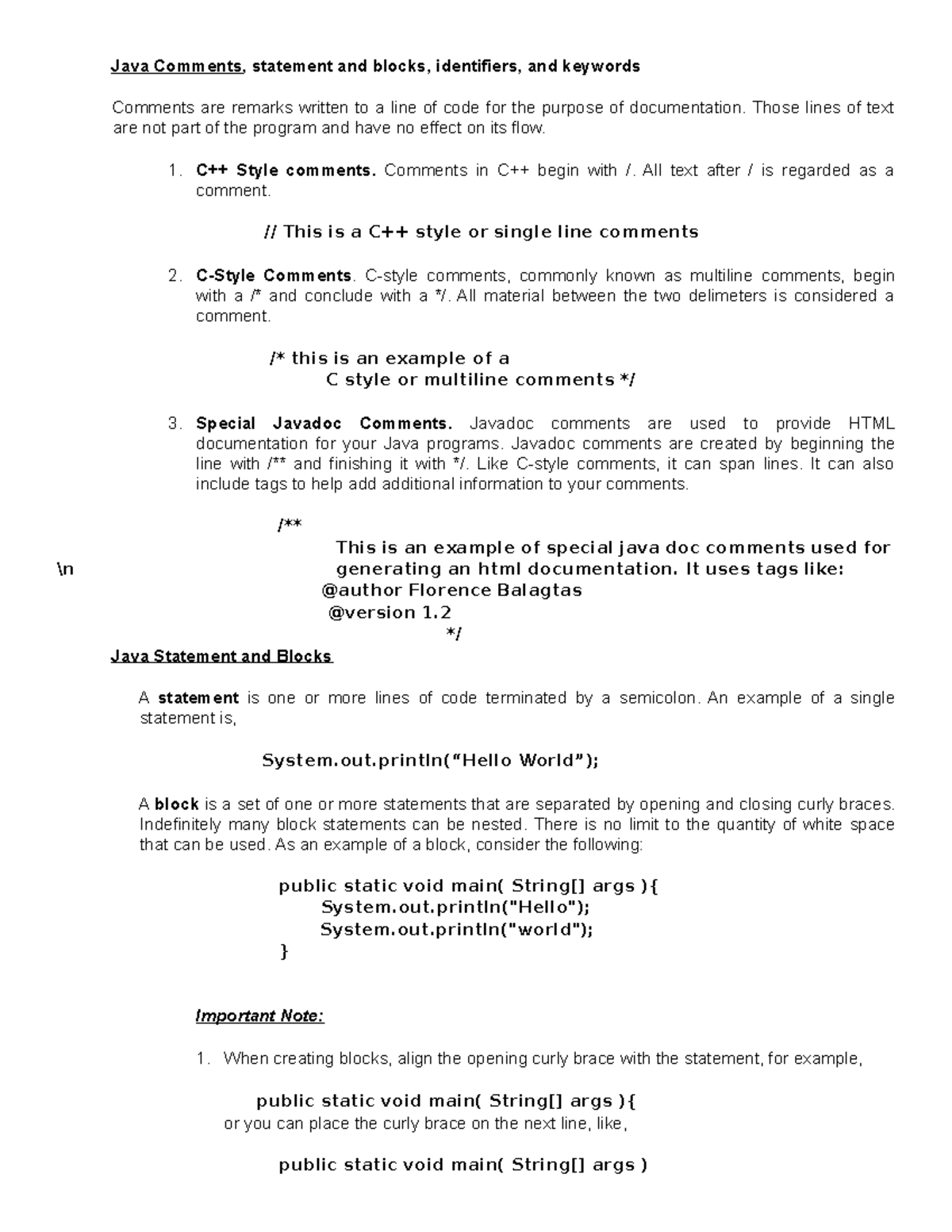 Java Comments Statement And Blocks Identifiers And Keywords Those