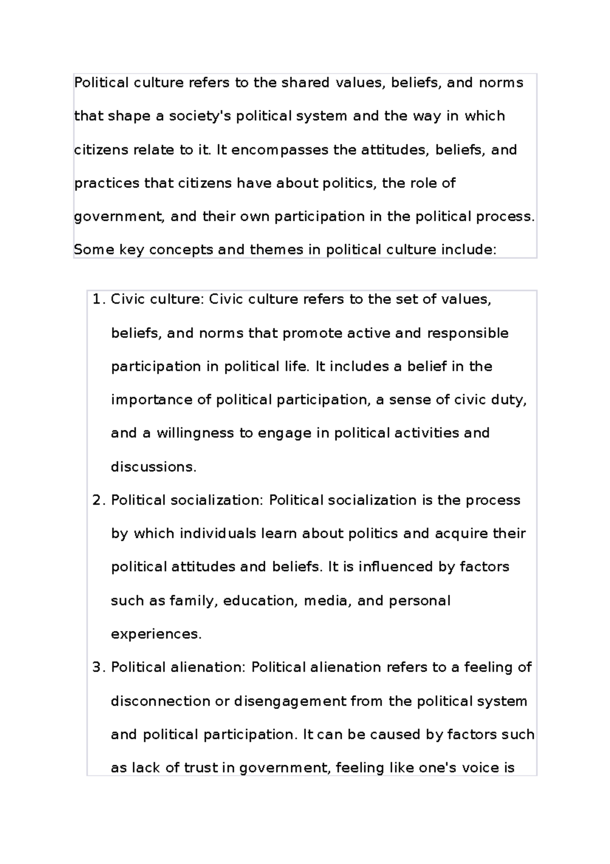 Political culture and participation - Political culture refers to the ...