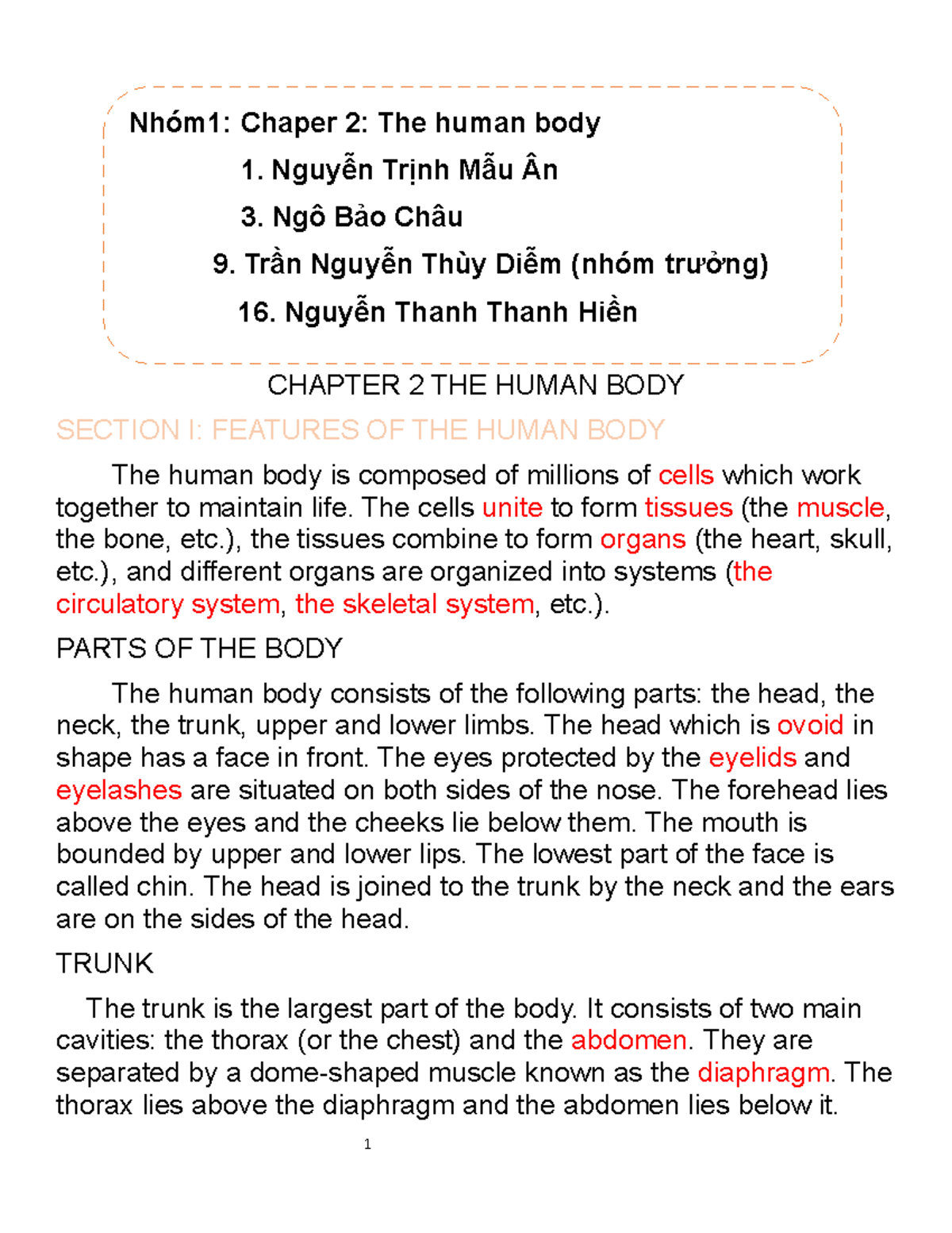 Chapter-2 - Tài liệu, từ vựng - CHAPTER 2 THE HUMAN BODY SECTION I ...