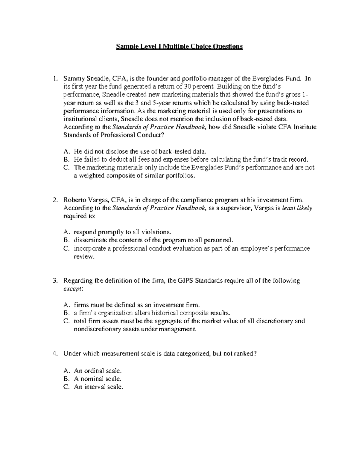 Sample level i questions - Sample Level I Multiple Choice Questions ...