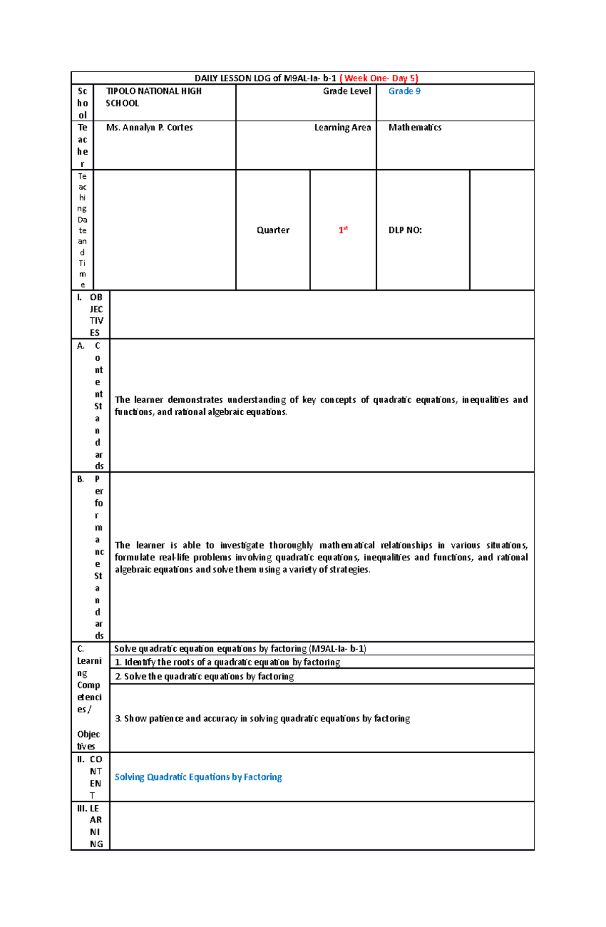 I-Day 3 g9 - Lesson Plan - DAILY LESSON LOG of M9AL-Ia- b-1 ( Week One ...