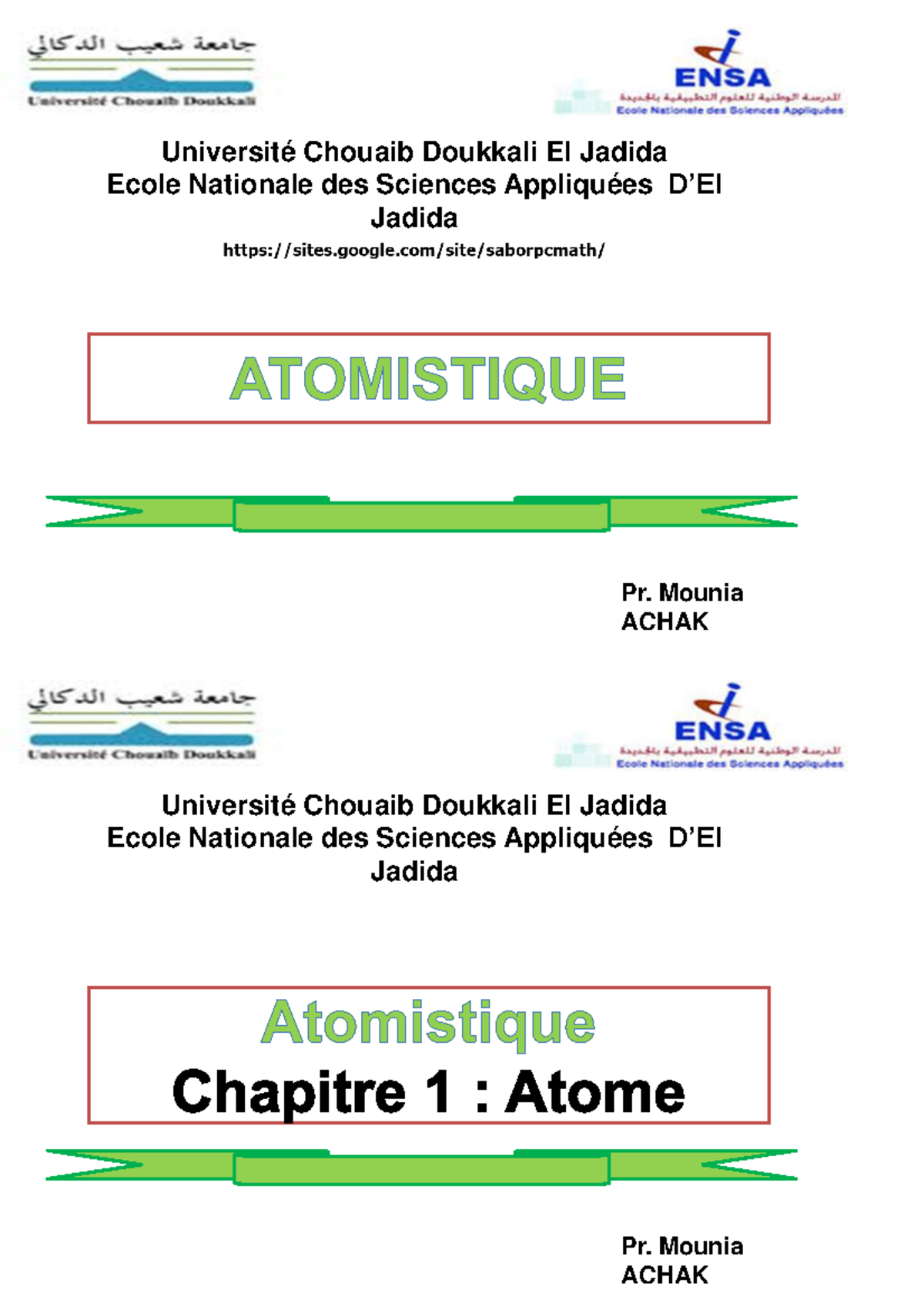 Cours Atomistique Liaison Chimique Reactions Chimiques ENSA- Eljadida 2020 - Université Chouaib ...