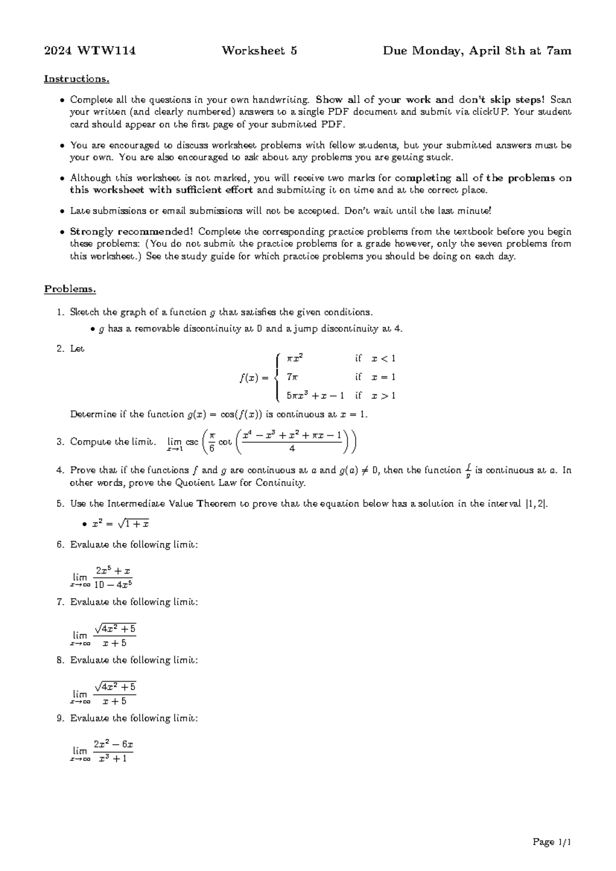Worksheet 5 - 2024 WTW114 Worksheet 5 Due Monday, April 8th at 7am ...