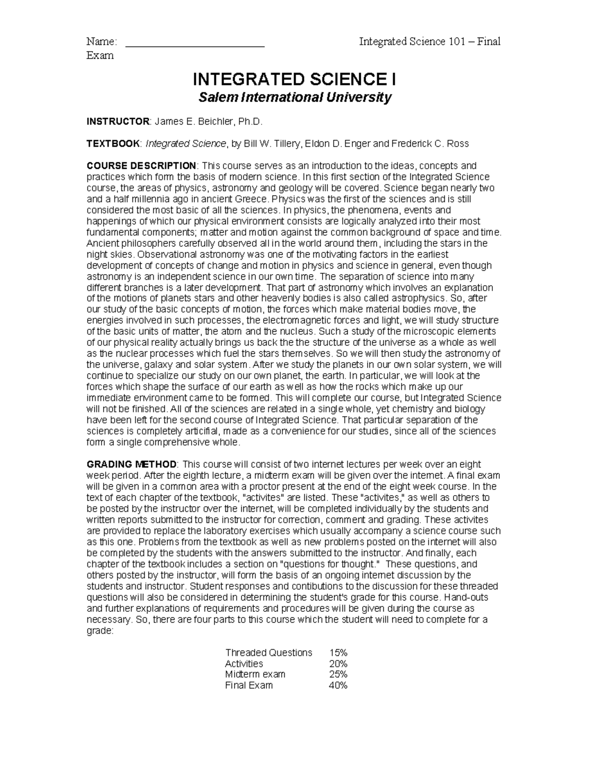 Integrated Science I - degree - Exam INTEGRATED SCIENCE I Salem ...