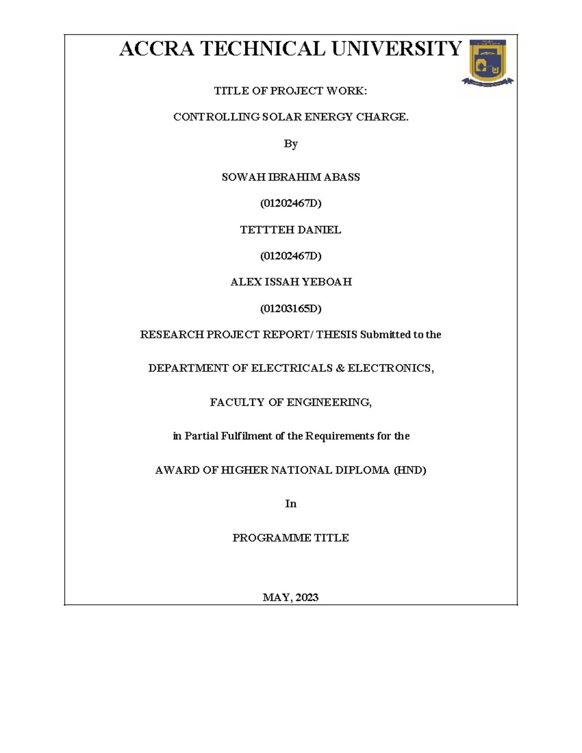 Controlling solar energy charge - ACCRA TECHNICAL UNIVERSITY TITLE OF ...