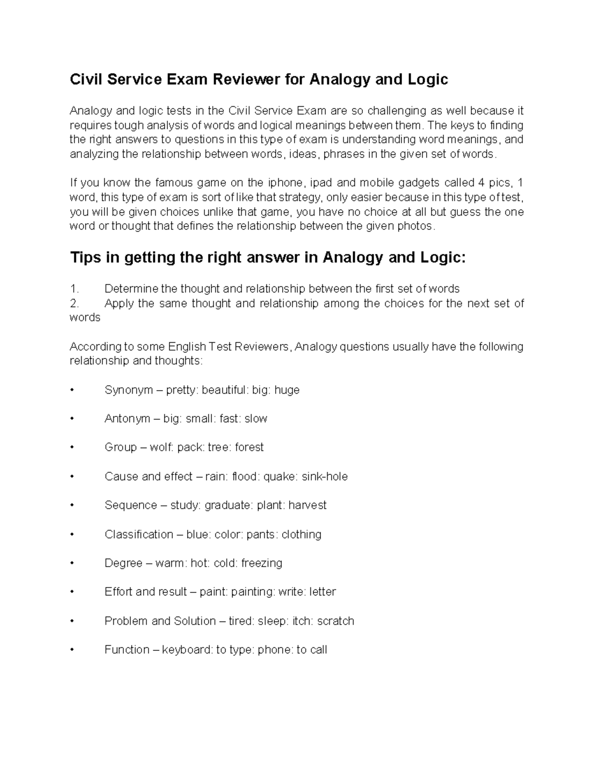 Analytical Skill Analogy and Logic - Civil Service Exam Reviewer for ...