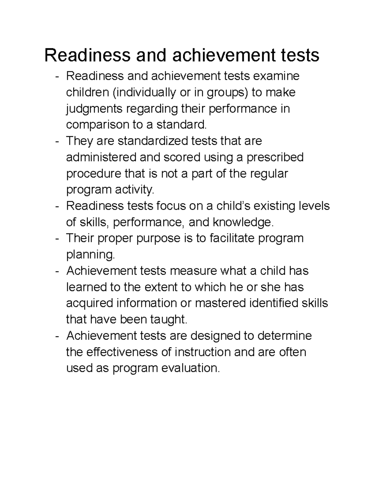 Readiness and achievement tests - Readiness and achievement tests ...