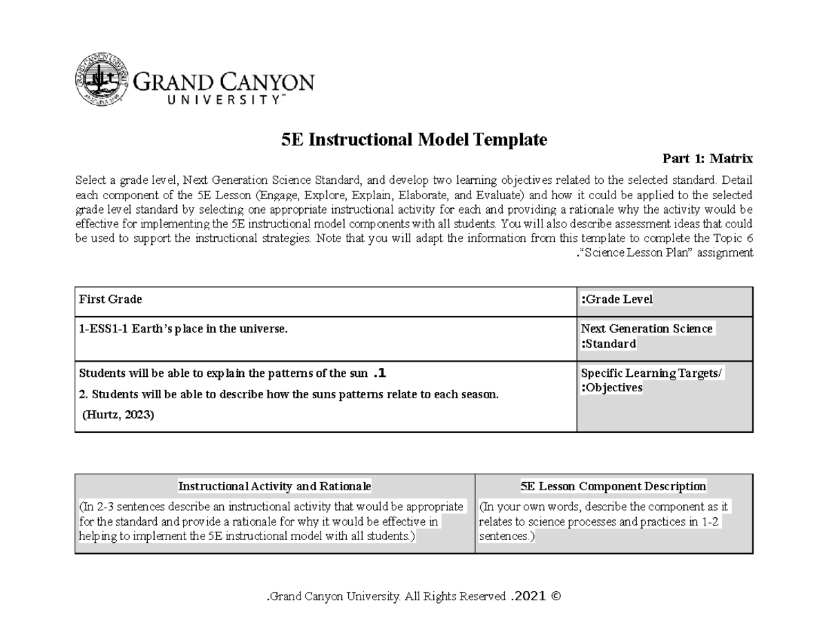 Fist grade - Section 3 - 5E Instructional Model Template Part 1: Matrix ...