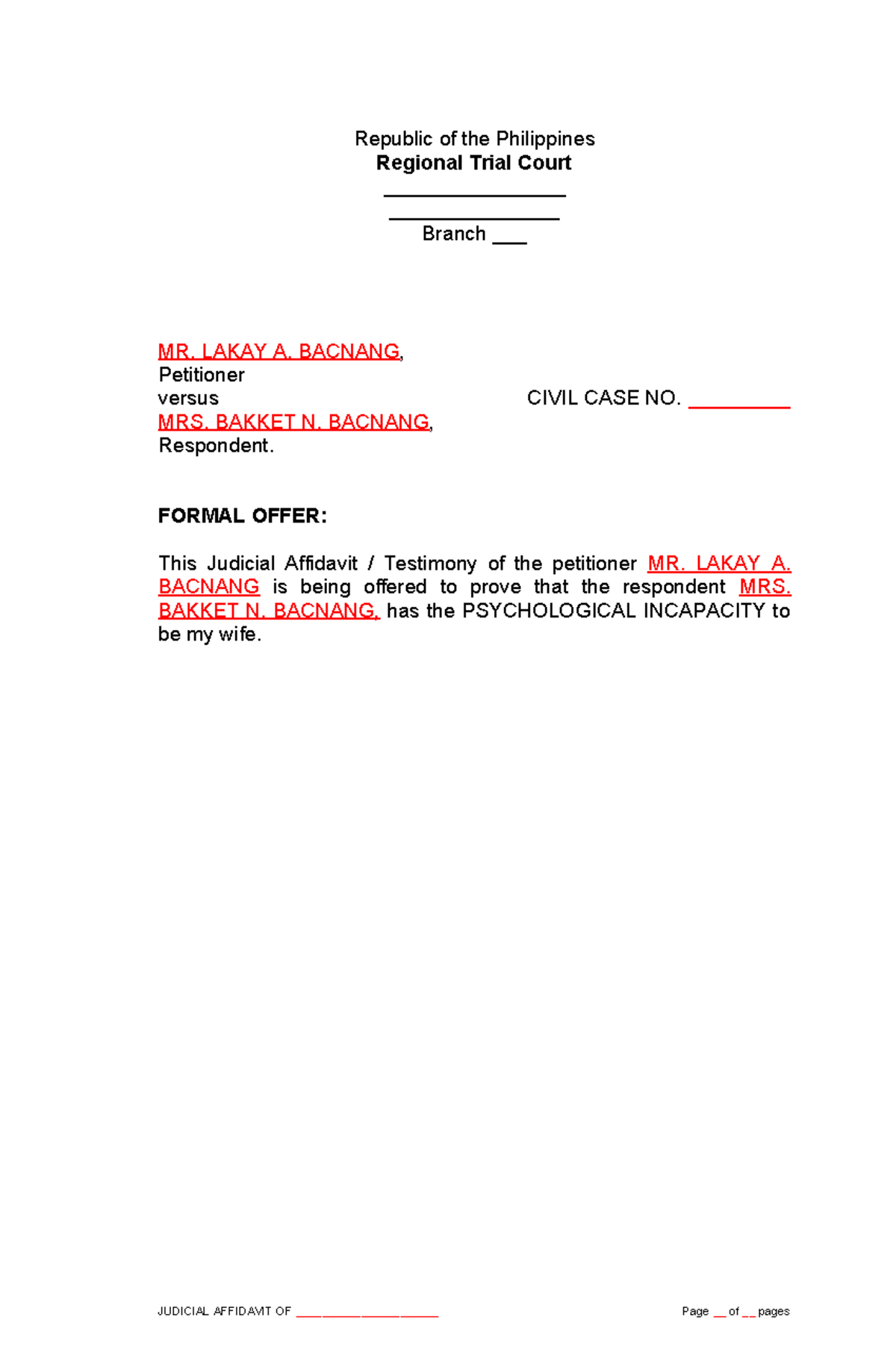 JA Sample 02 - Republic of the Philippines Regional Trial Court